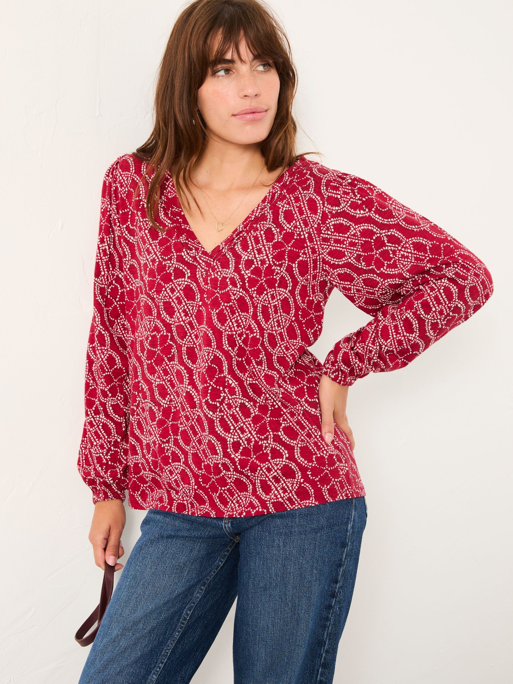 Margot Red Texture Floral V Neck Top | FatFace USA