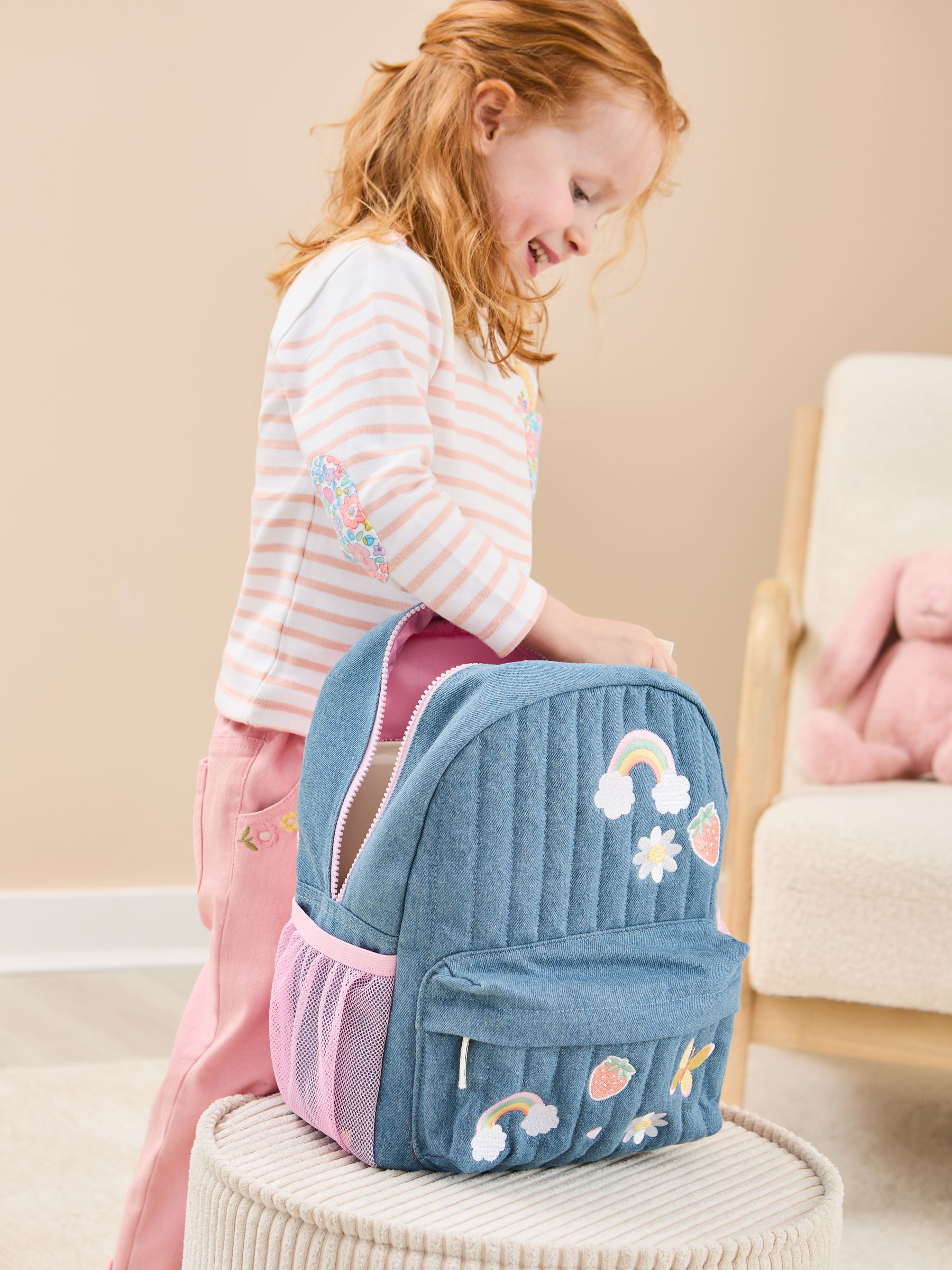 Quilted Denim Embroidered Medium Backpack | JoJo Maman Bébé