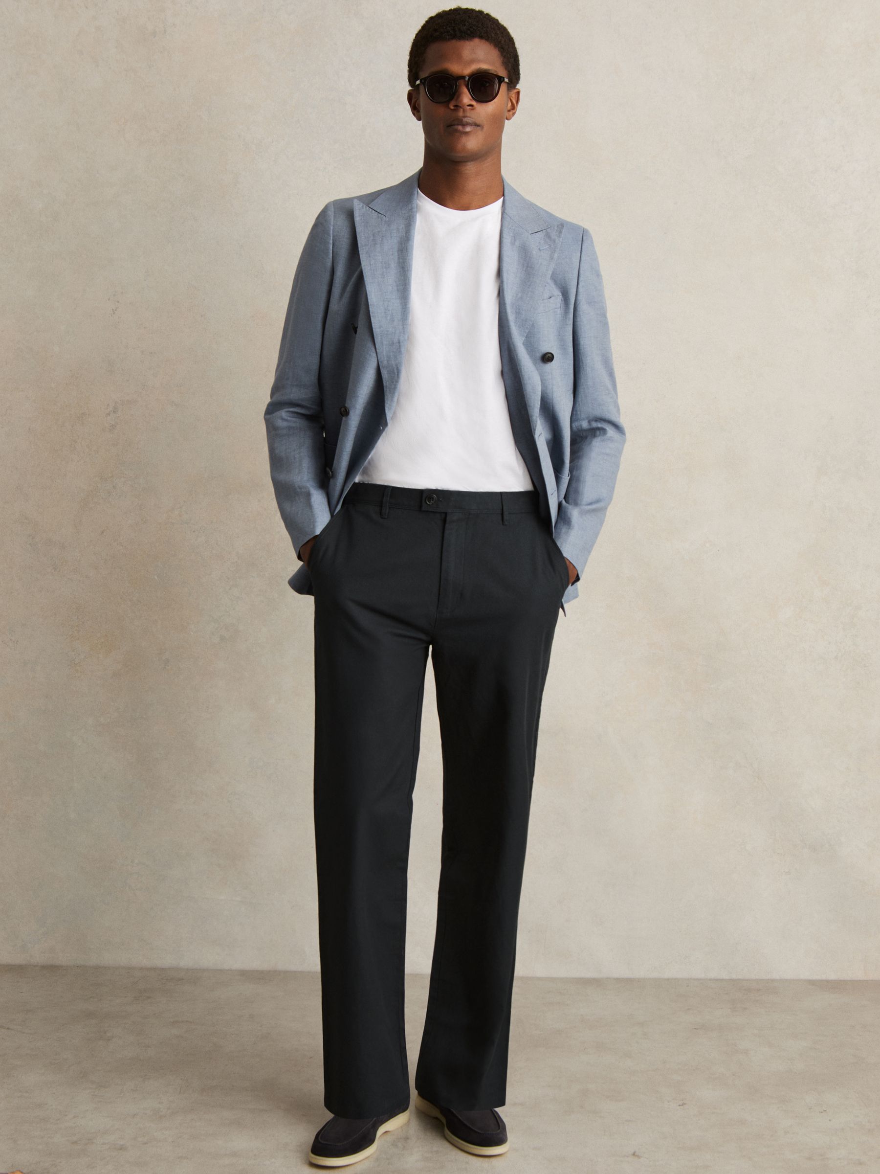 Reiss Cotton-Linen Relaxed-Fit Trousers in Navy - REISS