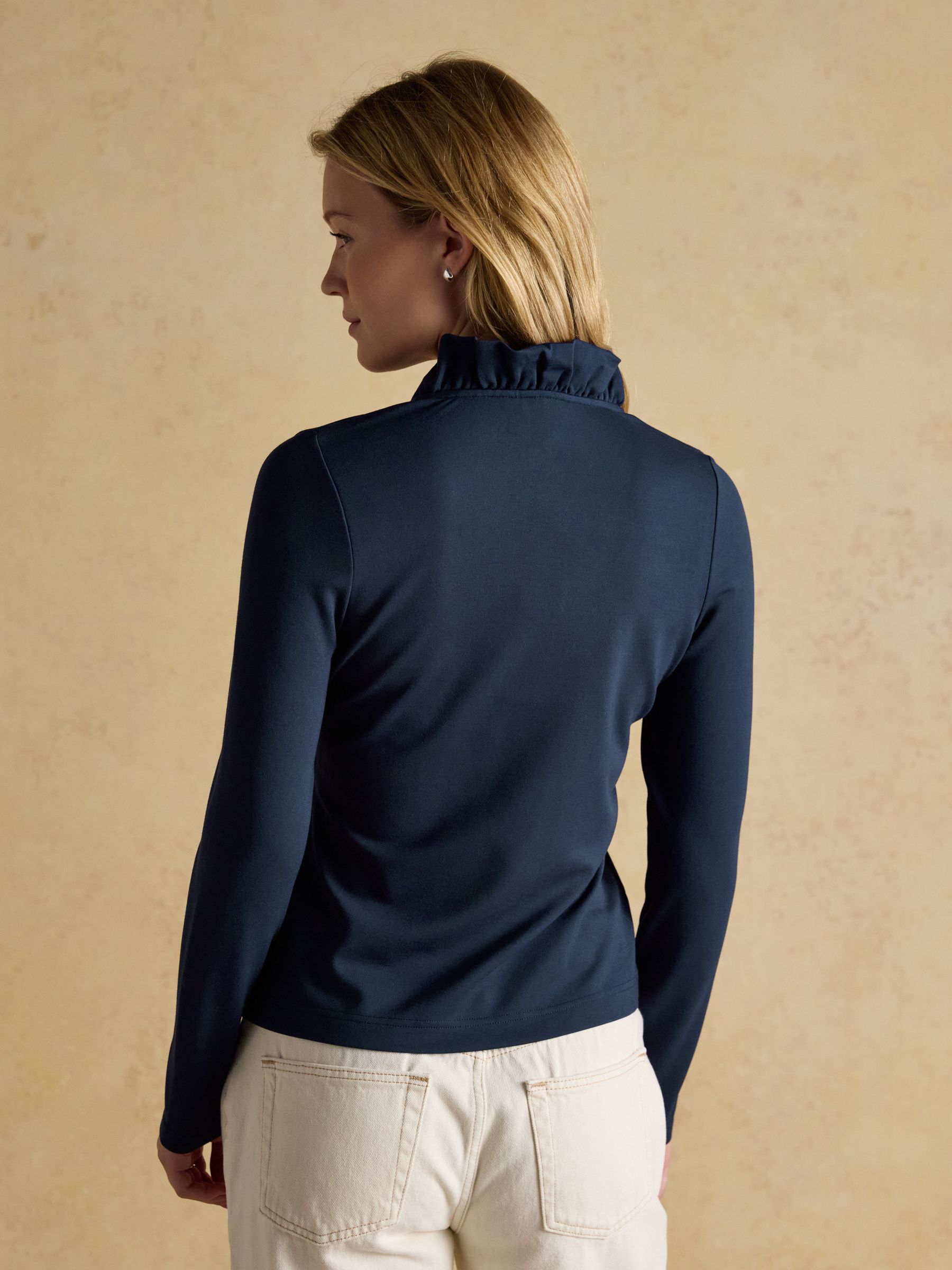 Heidi Navy Frill Neck Jersey Fitted Top | Joules