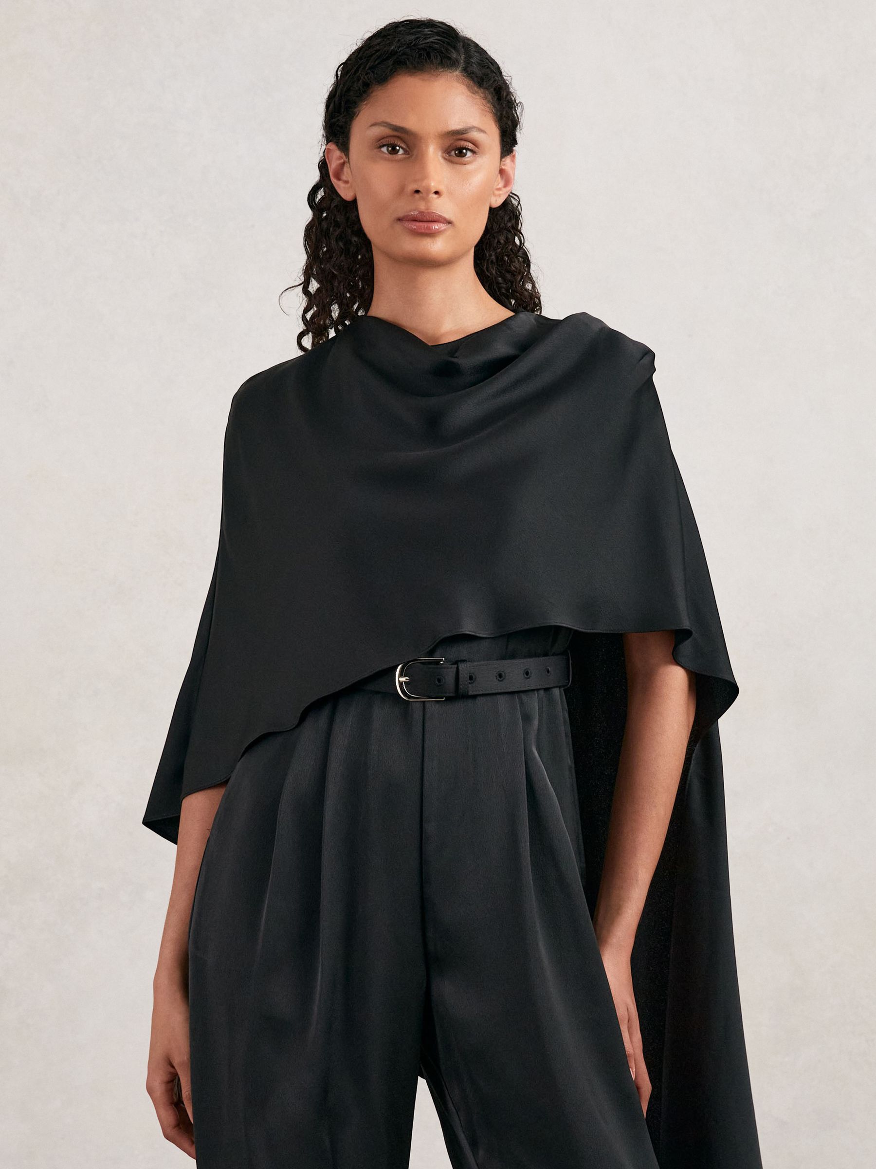 Reiss Halston Crepe Wide Leg Cape Jumpsuit in Black - REISS