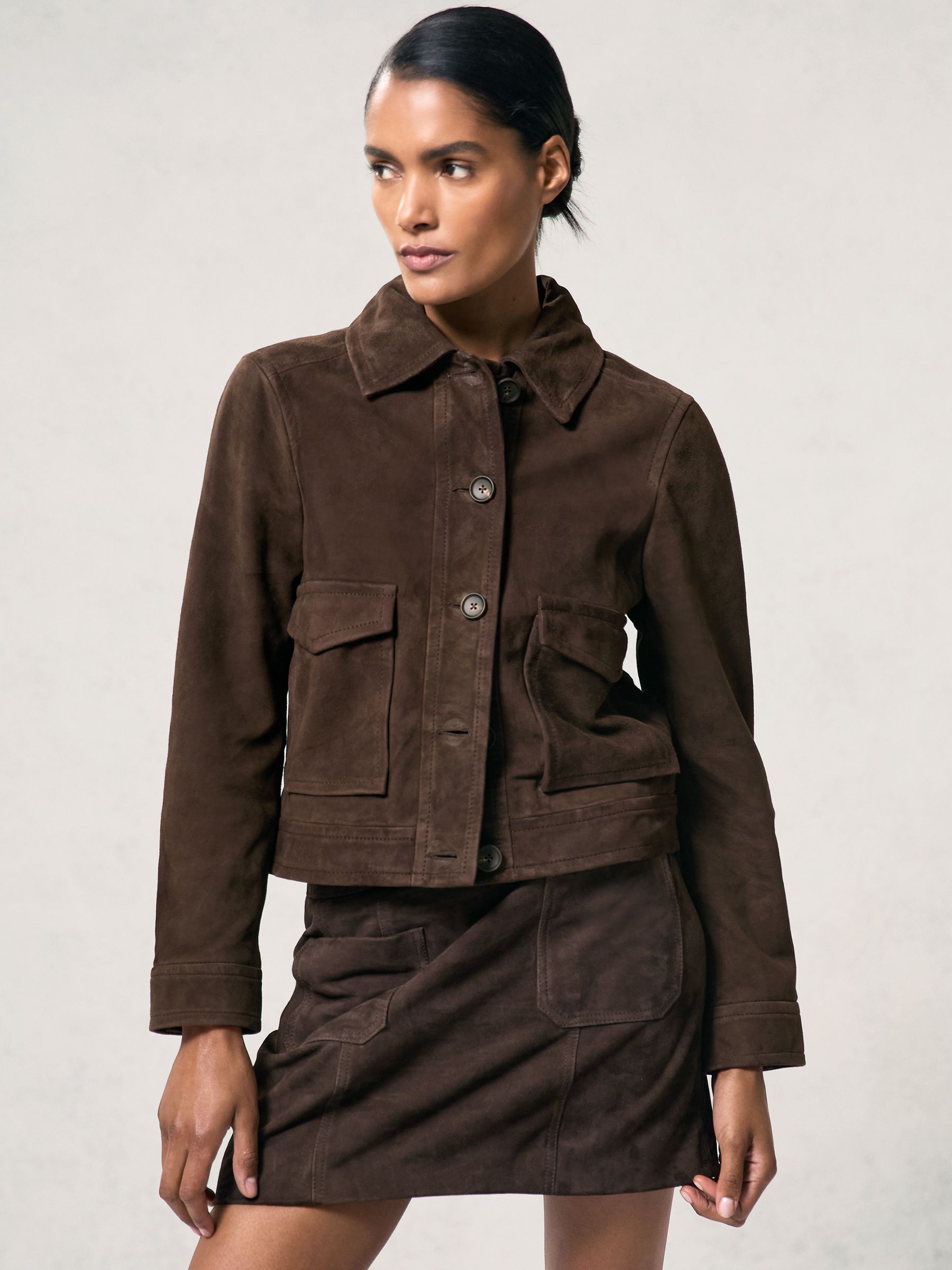 Reiss Suede Trucker Jacket in Chocolate Brown - REISS