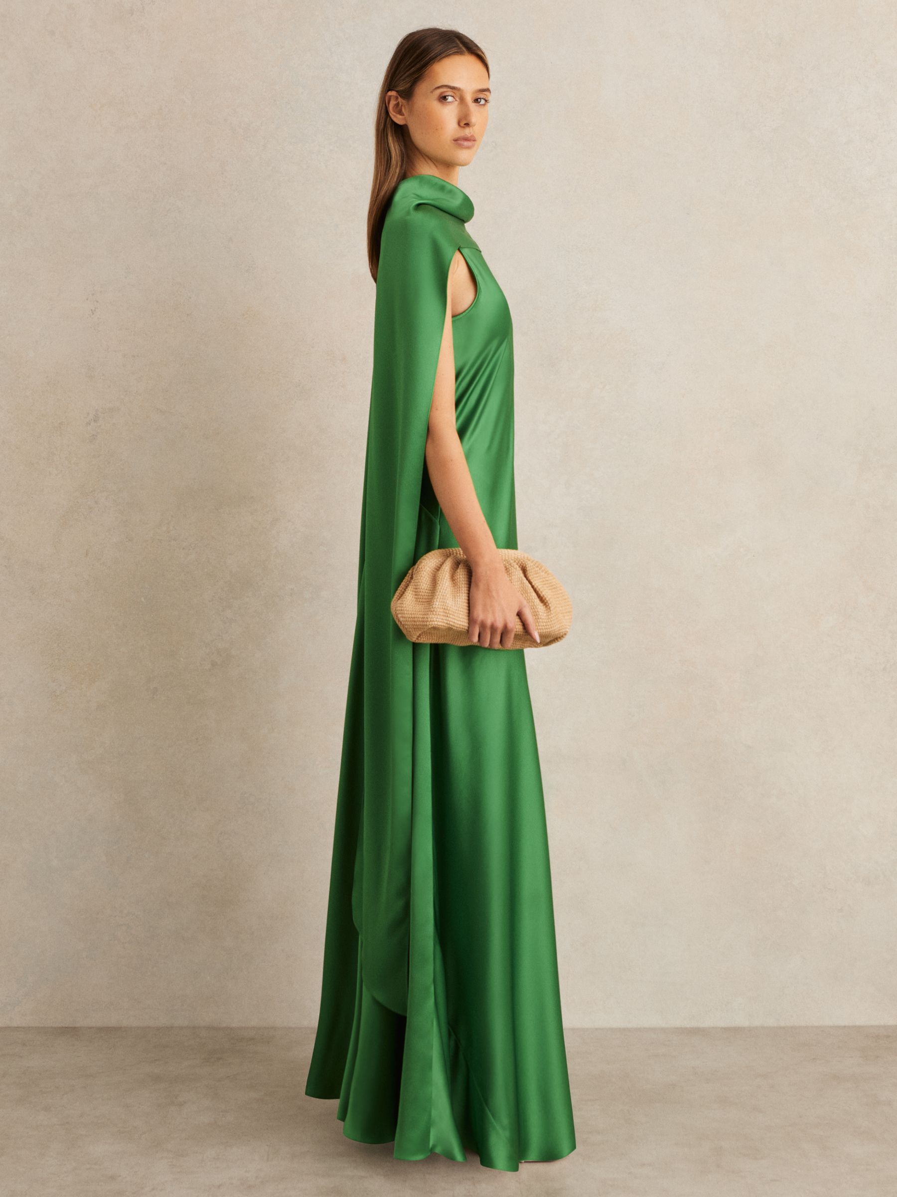 Reiss Petite Satin Cape Maxi Dress in Green - REISS