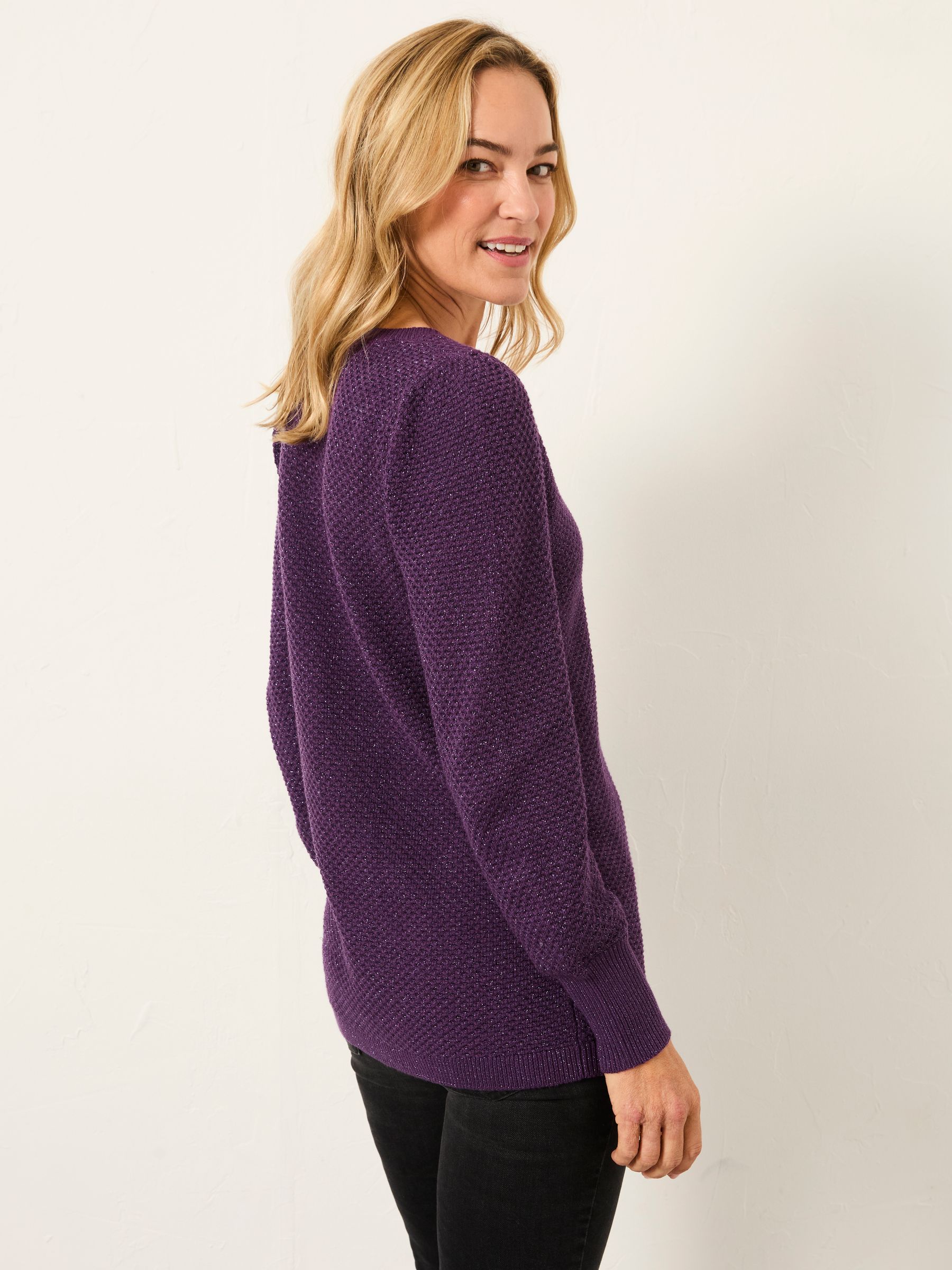 Lara Dark Purple Sparkle Knitted V- Neck Tunic Jumper | FatFace