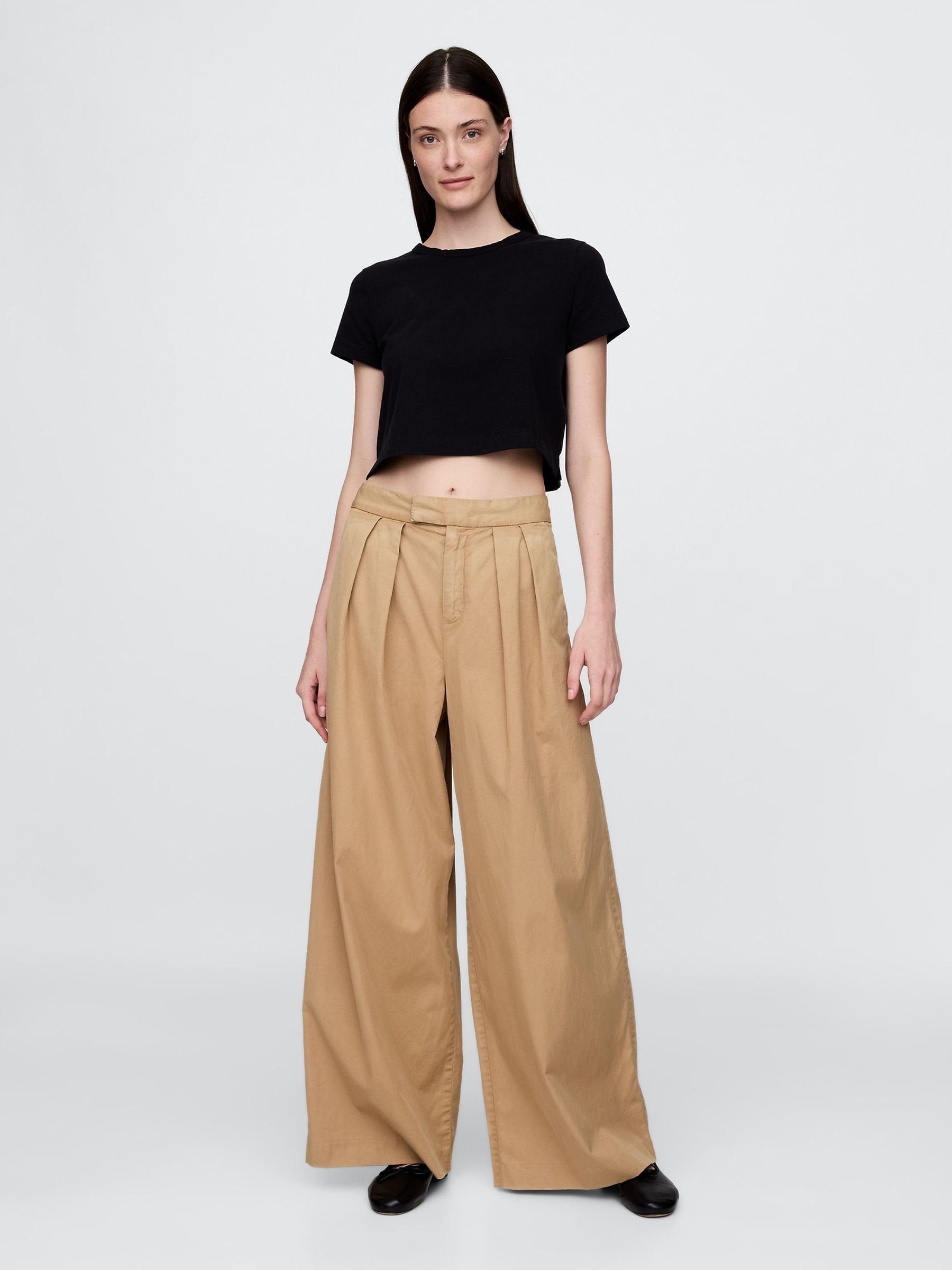 Beige Cotton High Waisted Pleated Wide-Leg Chino Trousers | Gap
