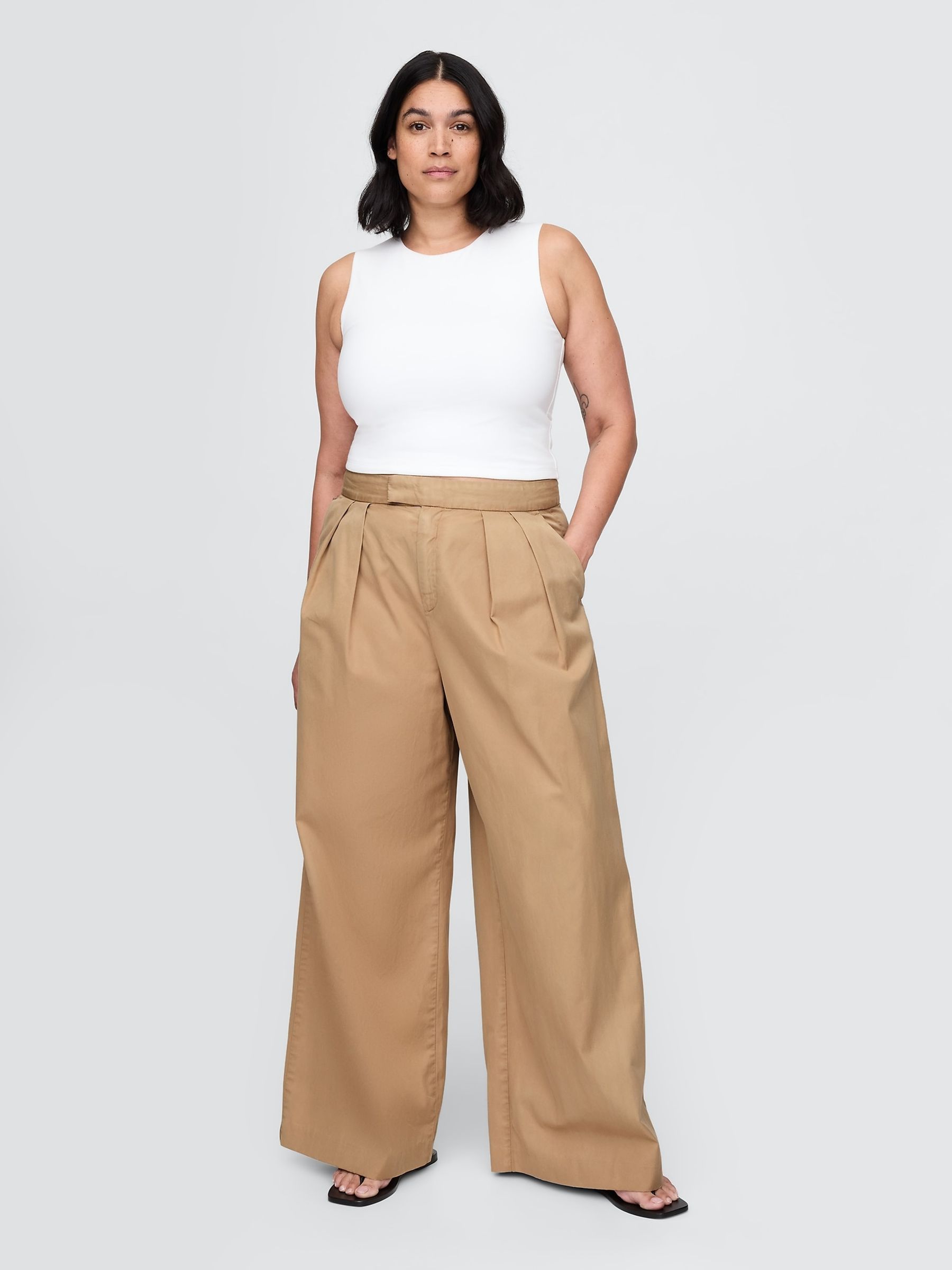 Beige Cotton High Waisted Pleated Wide-Leg Chino Trousers | Gap