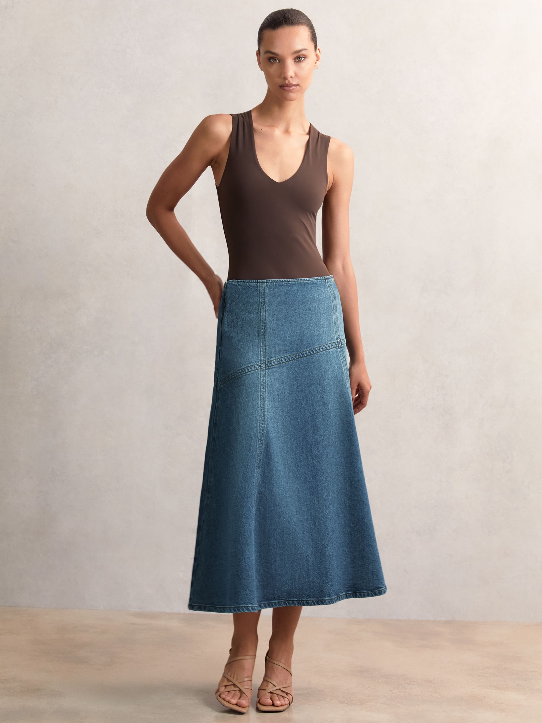 Reiss Denim Panelled Midi Skirt in Indigo | REISS