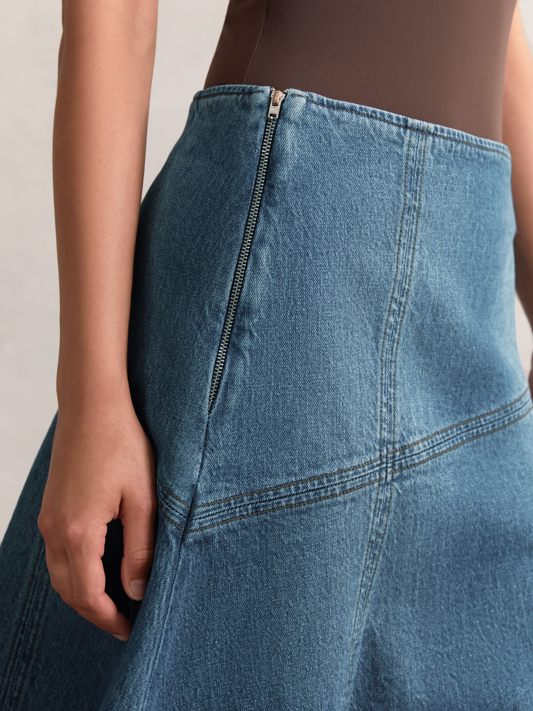 Reiss Denim Panelled Midi Skirt in Indigo | REISS