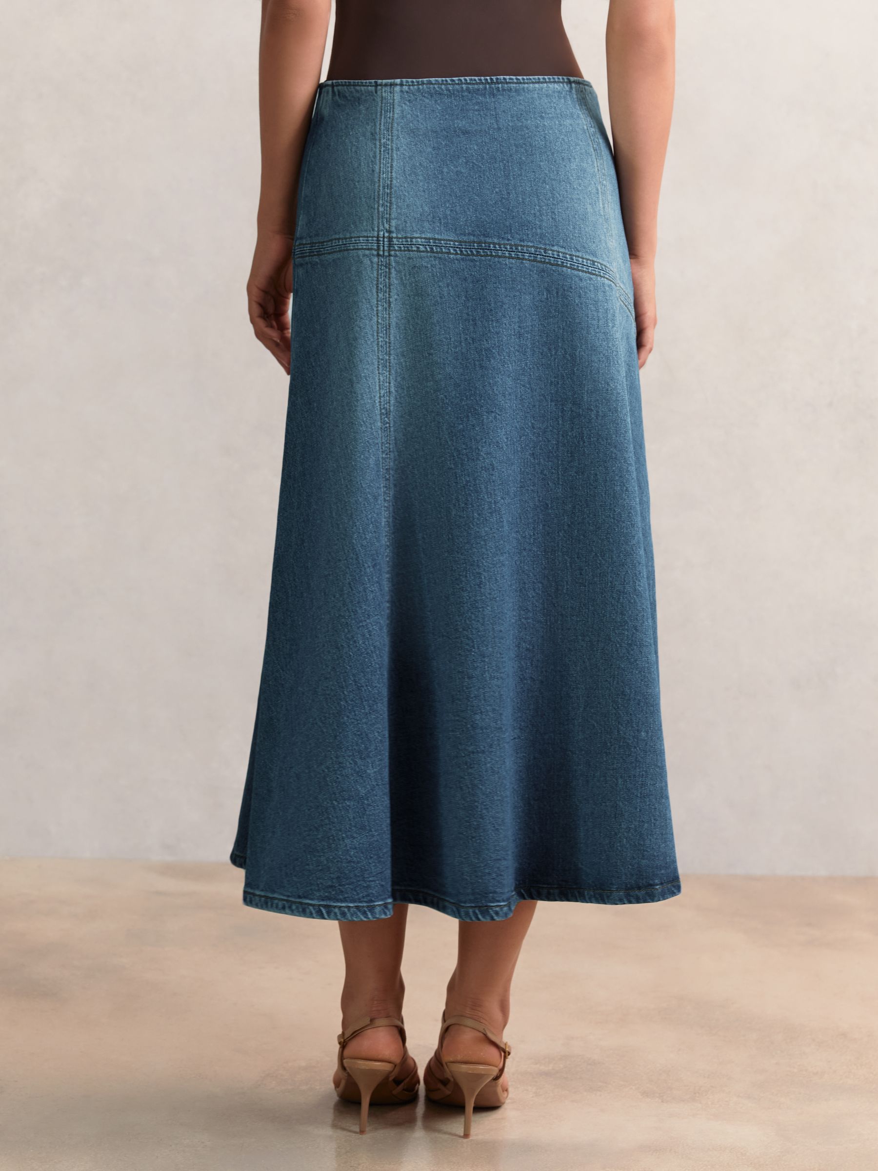 Reiss Denim Panelled Midi Skirt in Indigo | REISS