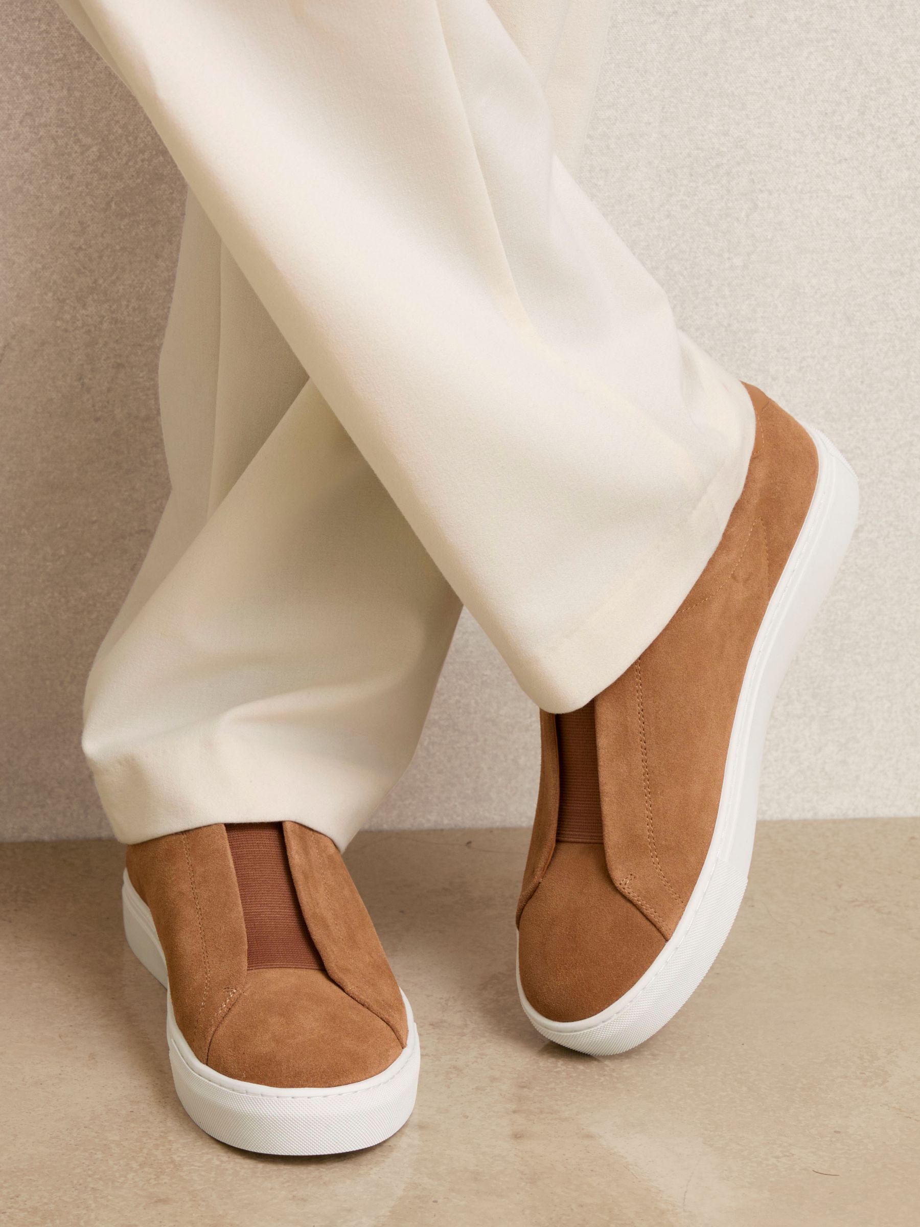 Reiss Suede Slip-On Elasticated Trainers in Tan Brown - REISS