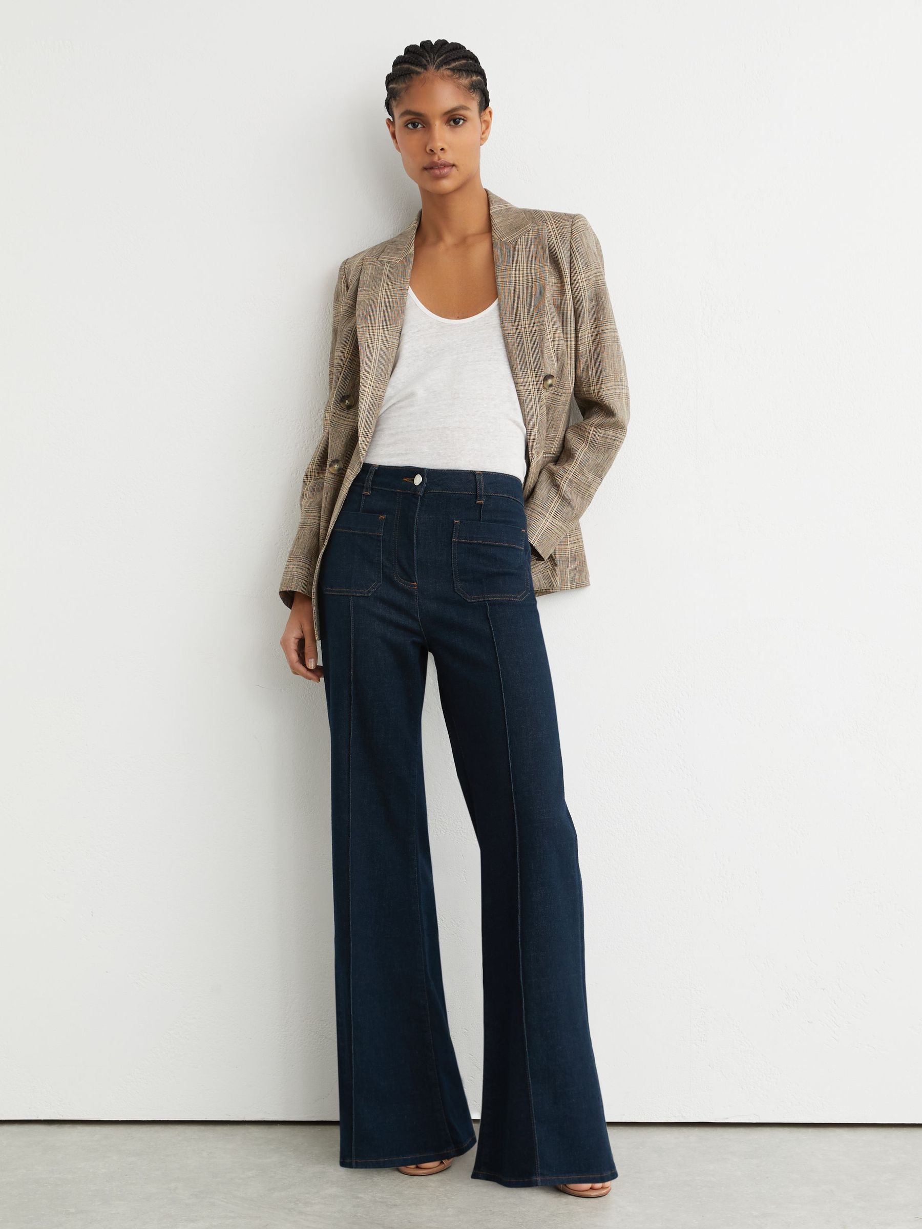 Reiss Petite Patch-Pocket Flared Jeans in Dark Blue - REISS