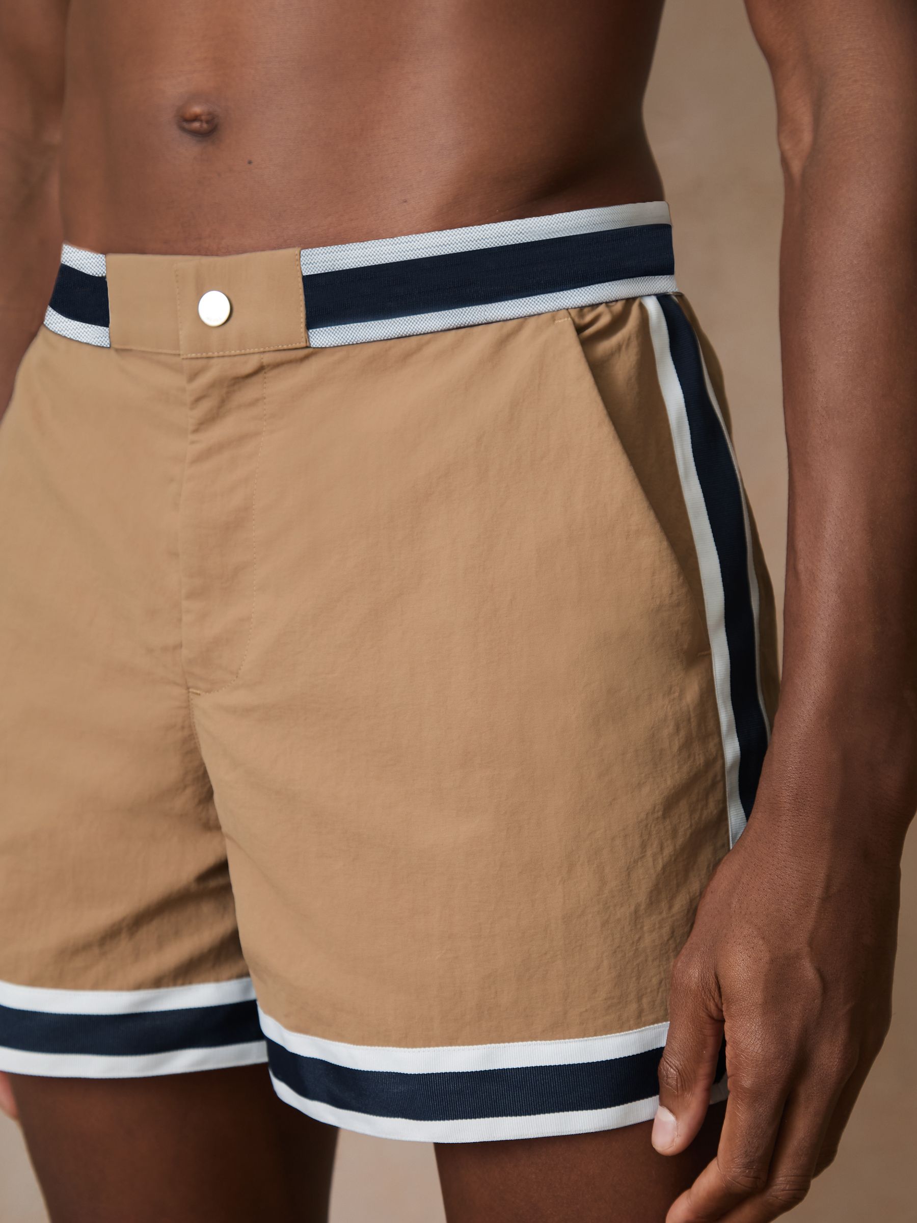 Reiss Reiss | Ché Stripe-Trim Swim Shorts in Camel | REISS
