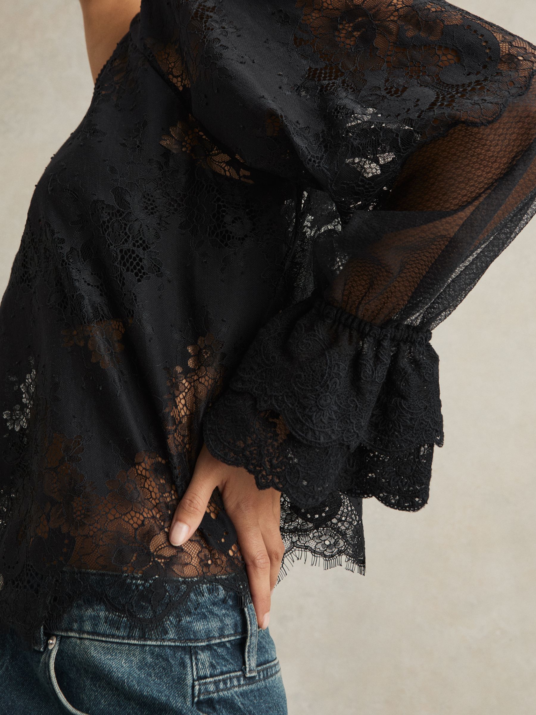 Reiss Lace Flared-Cuff Blouse in Navy - REISS