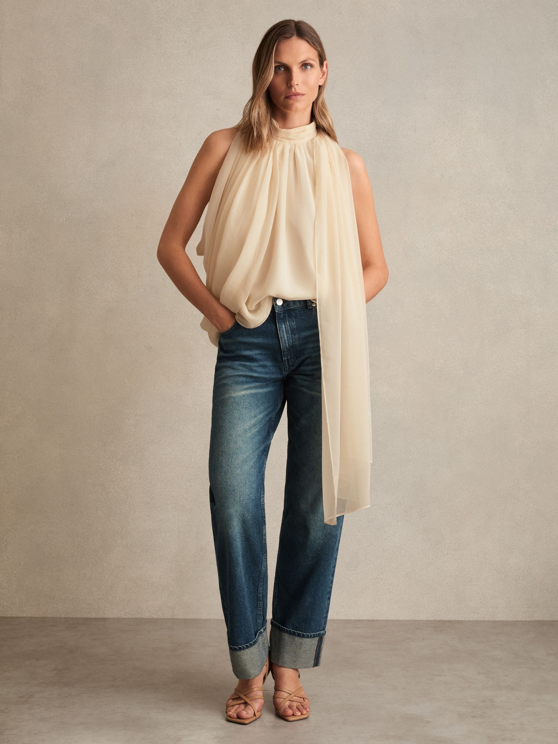 Reiss Draped Chiffon Sleeveless Top in Ivory - REISS
