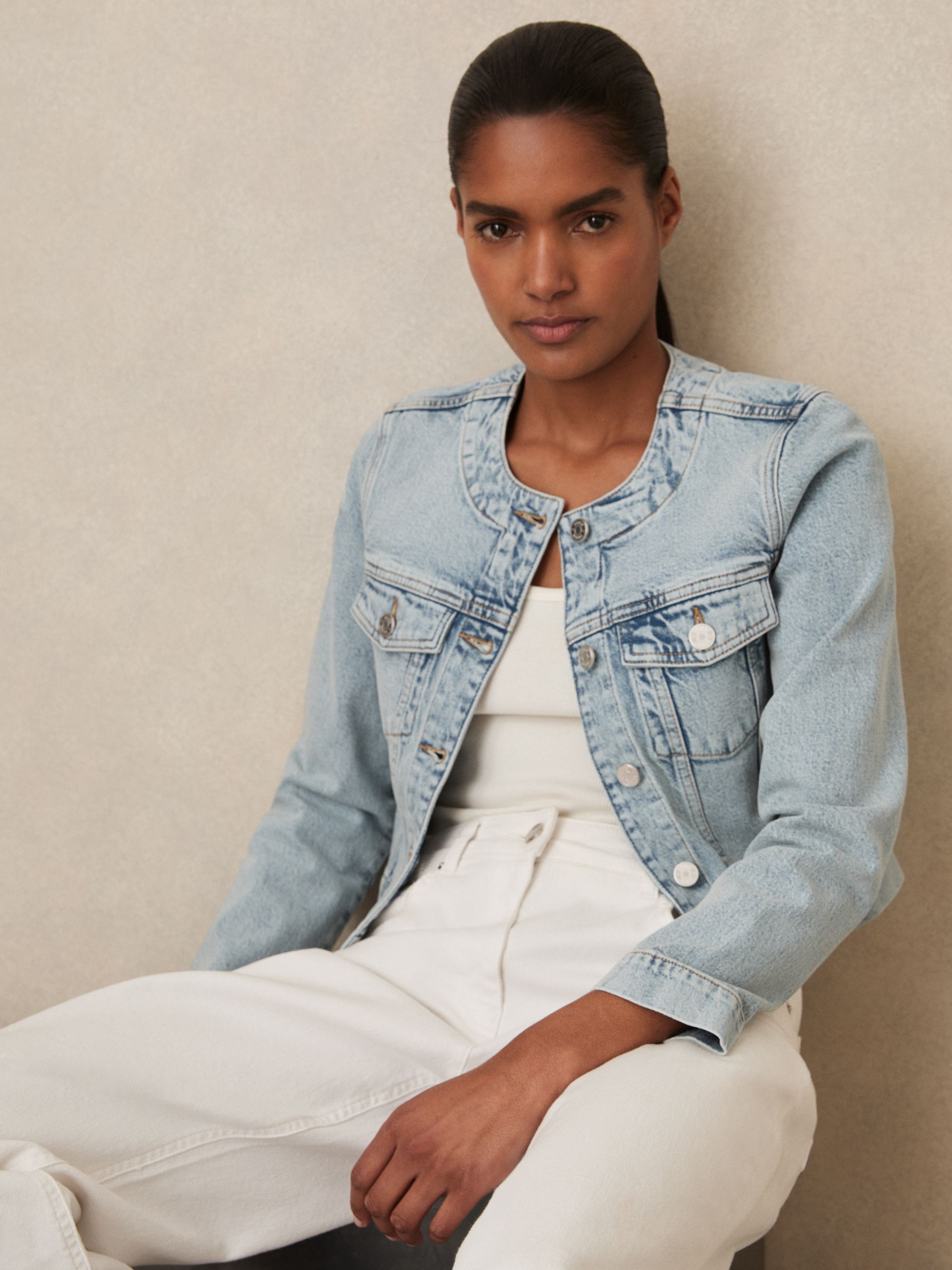 Reiss Collarless Cropped Denim Jacket in Light Blue | REISS