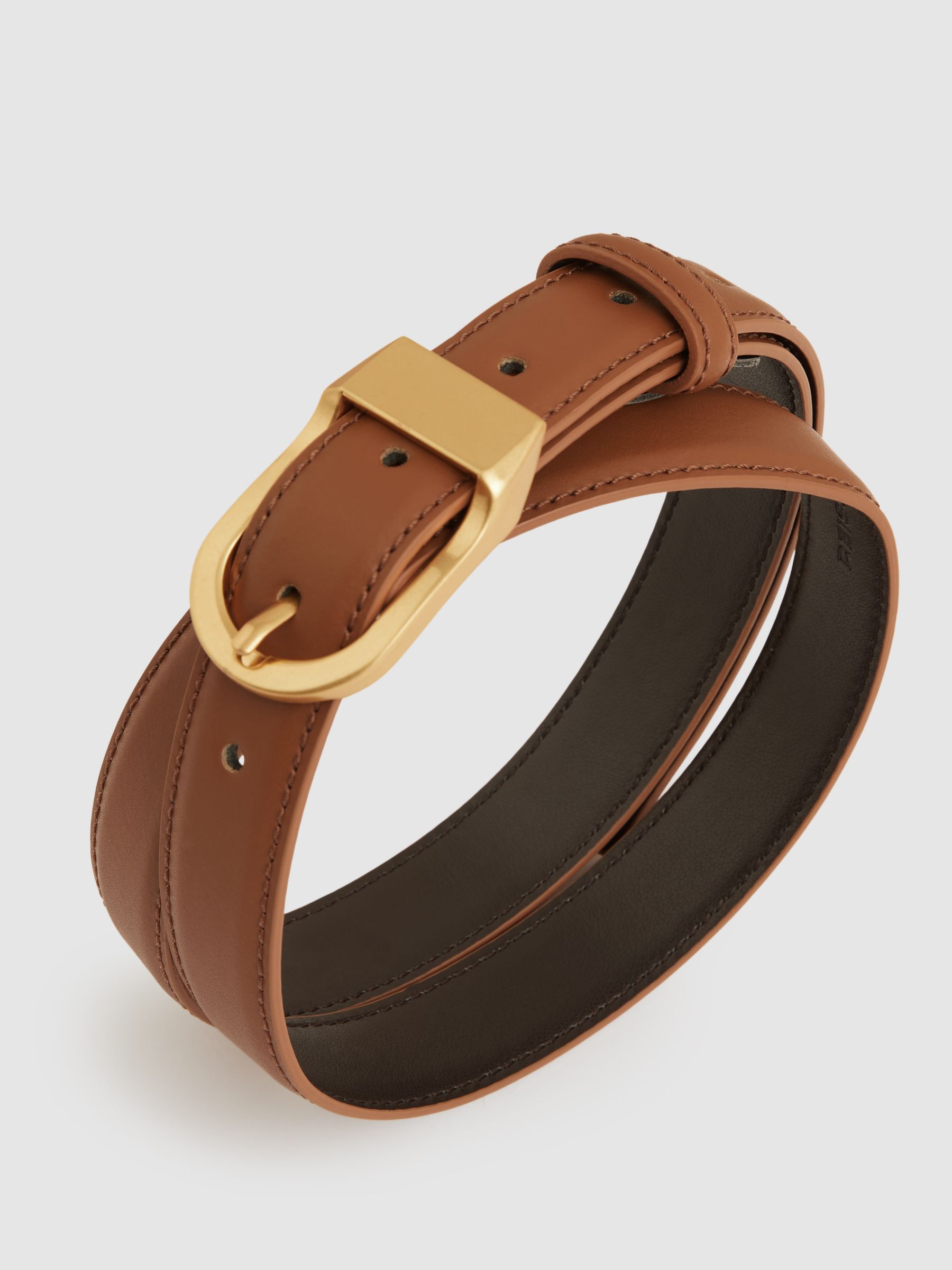 Reiss Leather Curved-Buckle Belt in Tan - REISS