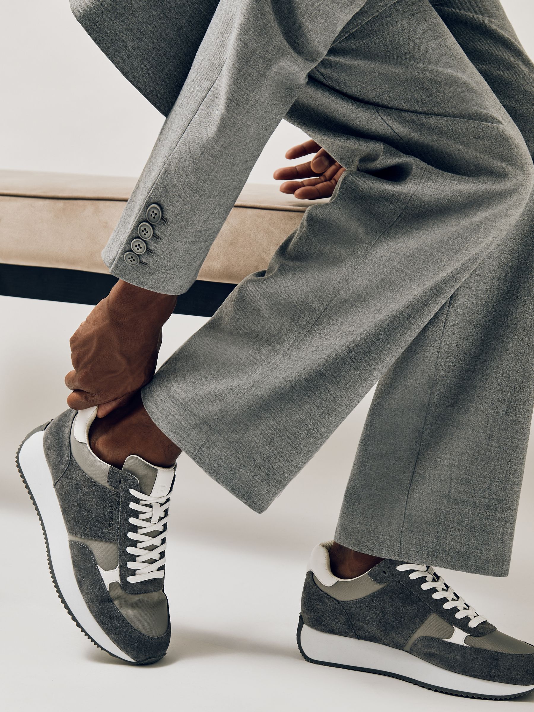Reiss Suede Lace-Up Running Trainers in Graphite Grey | REISS