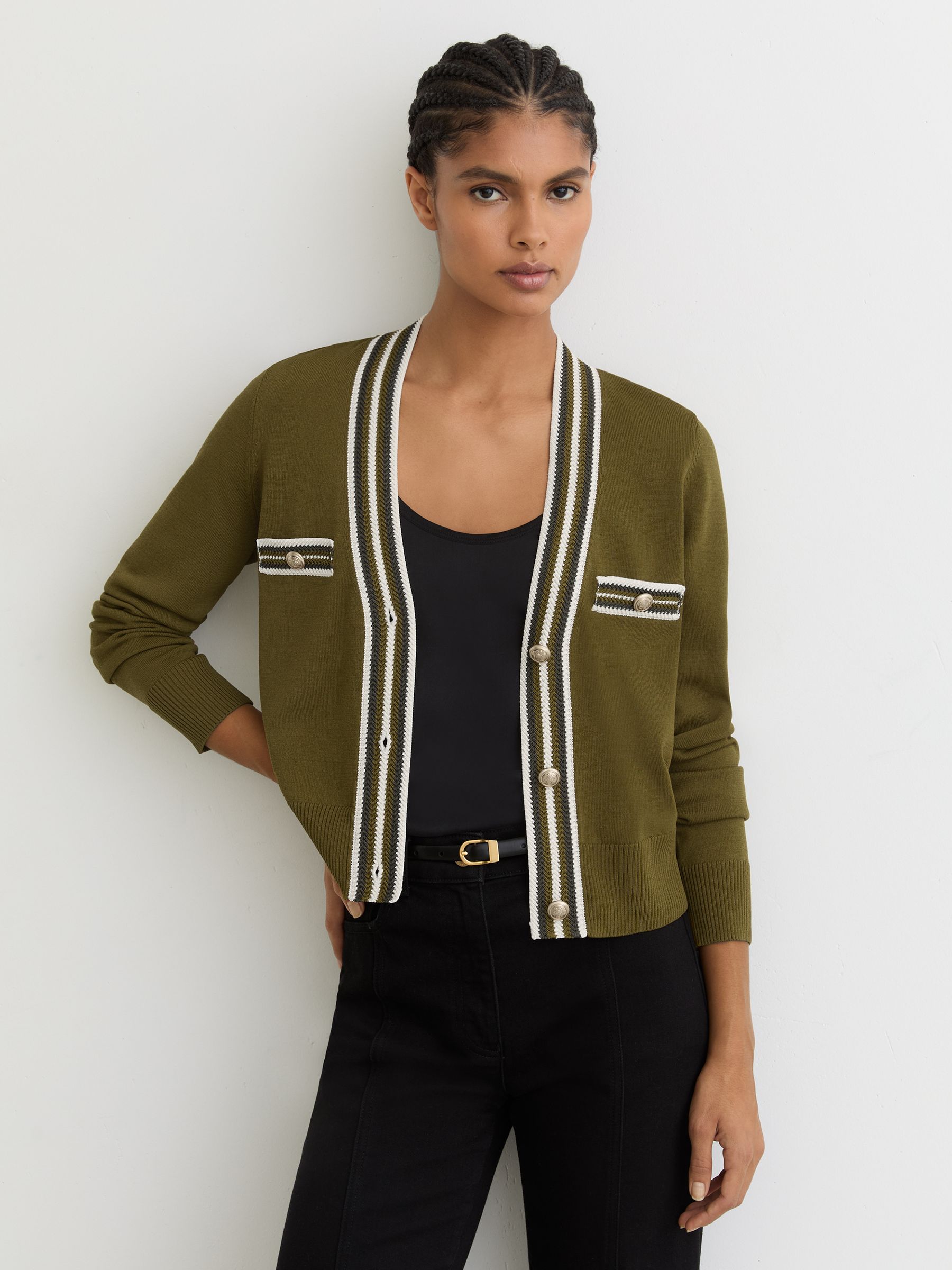 Reiss Tipped Button-Through Cardigan in Green/Ivory | REISS