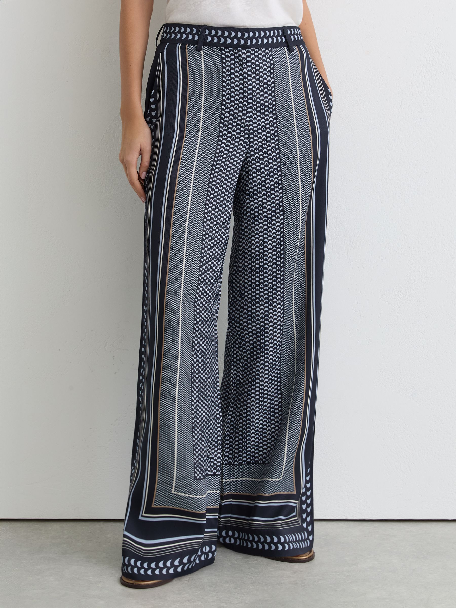 Reiss Petite Scarf-Print Wide-Leg Trousers in Navy | REISS