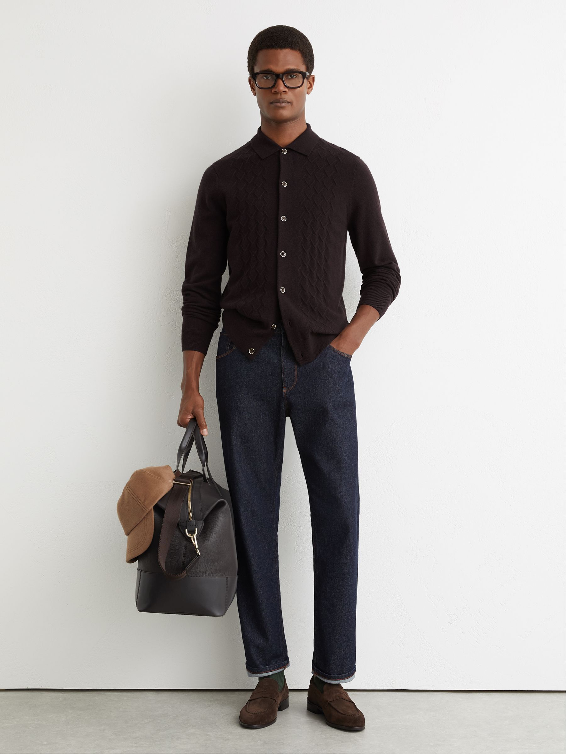 Reiss Wool V-Stitch Button-Through Cardigan in Chocolate Brown | REISS