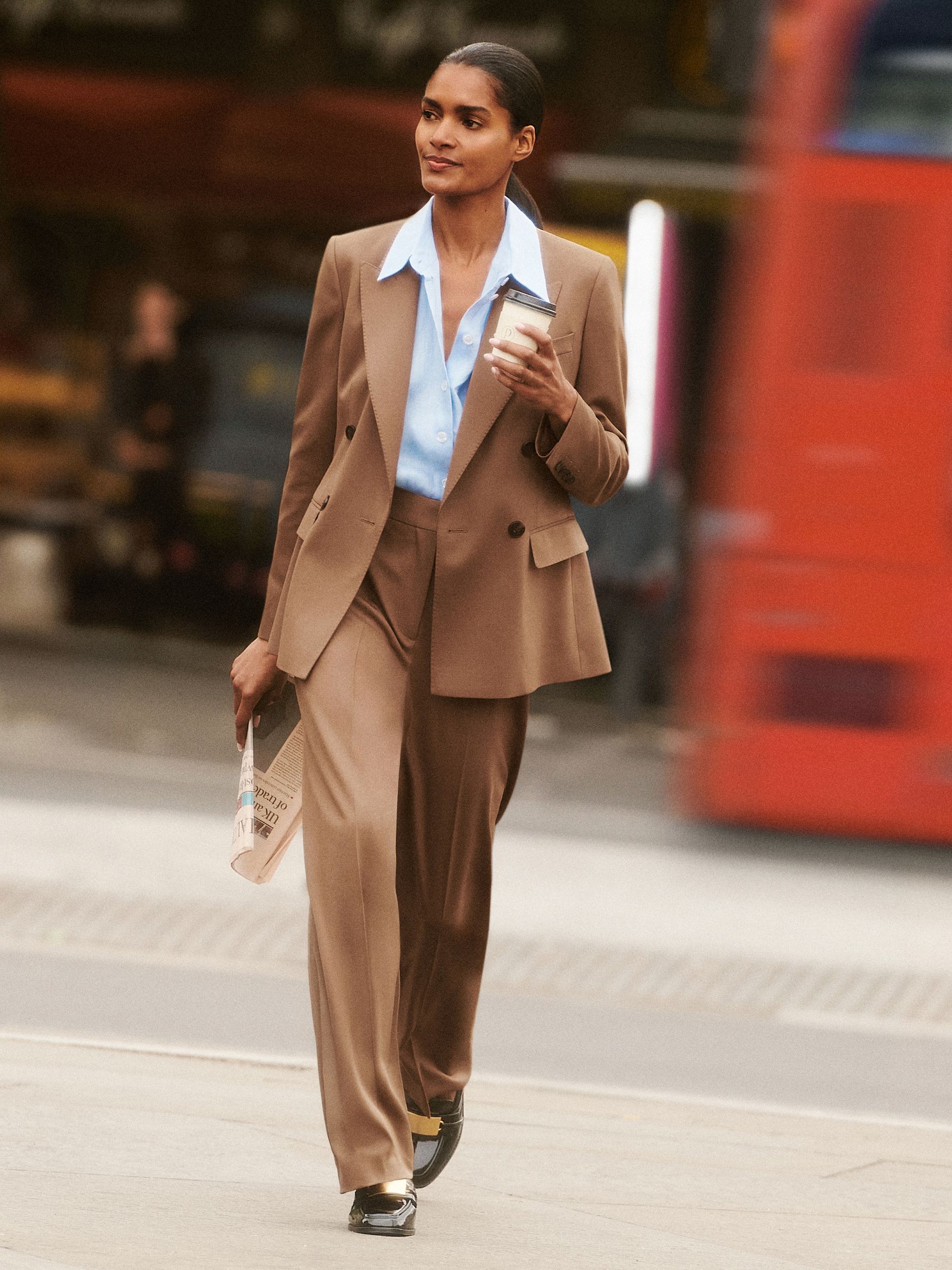 Reiss Wool-Blend Wide-Leg Suit Trousers in Tan - REISS