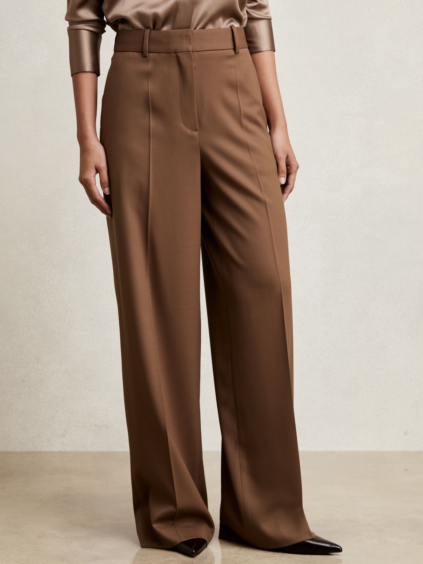 Reiss Wool-Blend Wide-Leg Suit Trousers in Tan - REISS