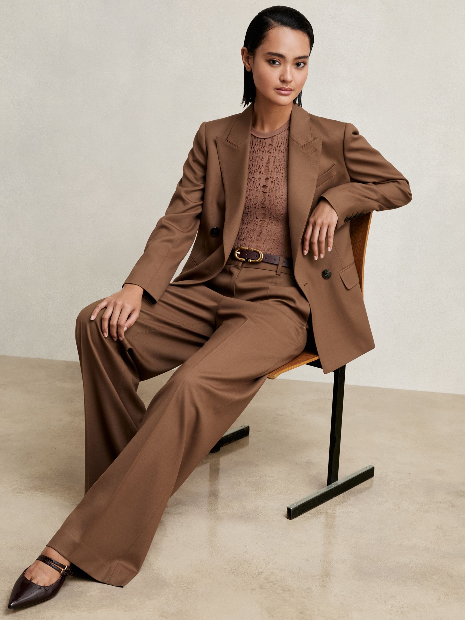 Reiss Wool-Blend Wide-Leg Suit Trousers in Tan - REISS