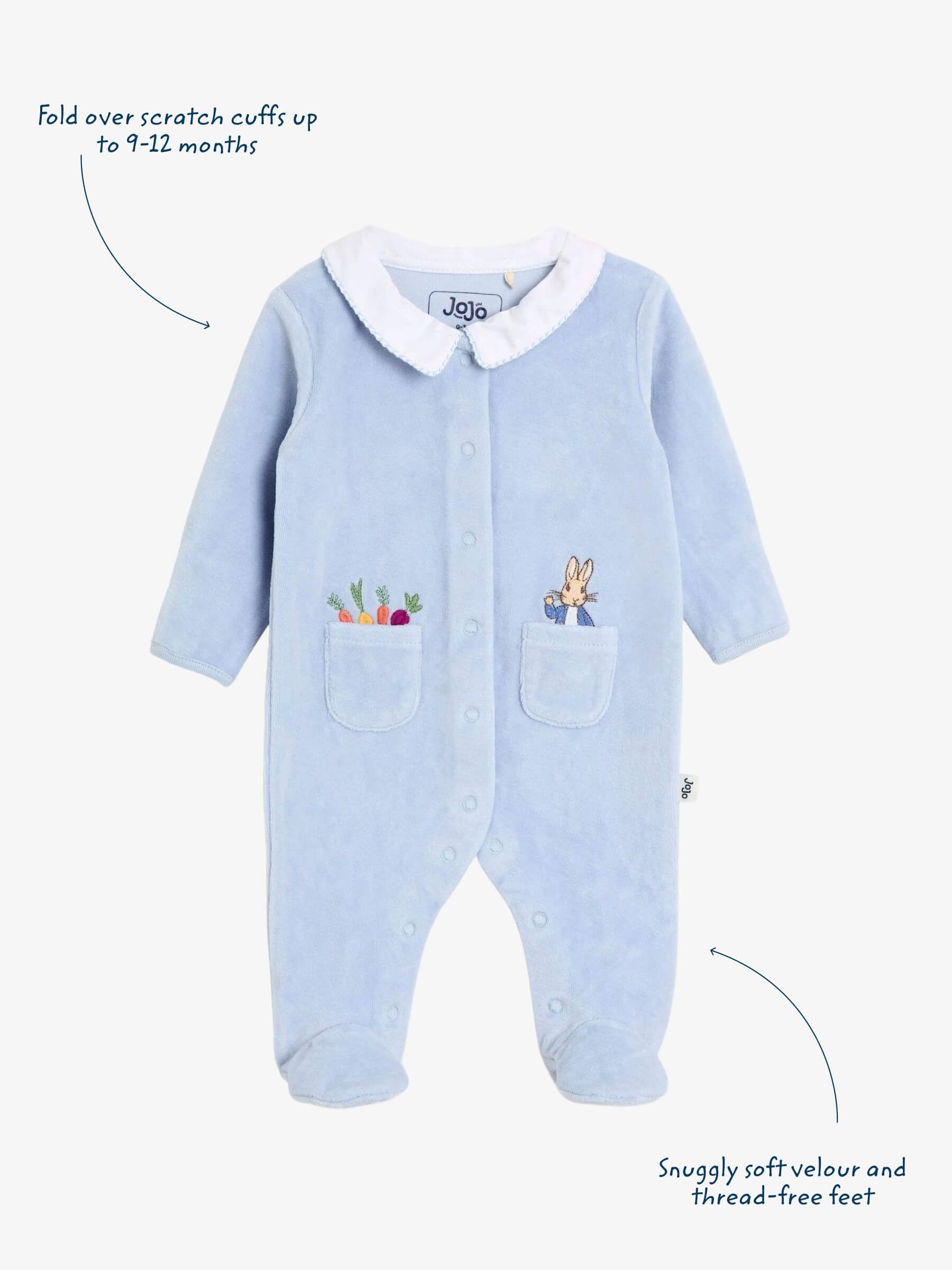 Blue Peter Rabbit Velour Footed All-In-One | JoJo Maman Bébé