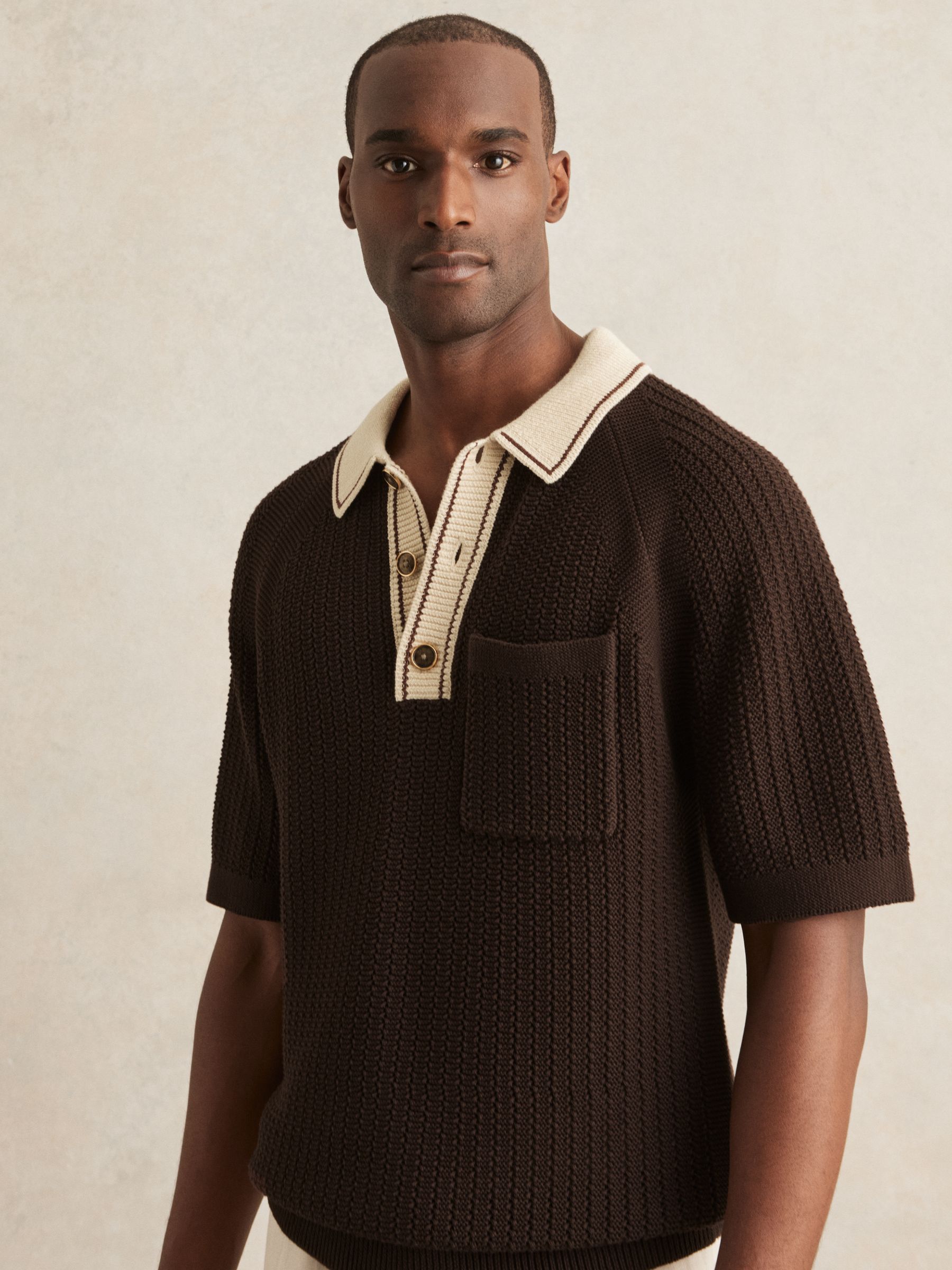 Reiss Cotton Textured Knit Contrast Polo Shirt in Dark Brown/Stone - REISS