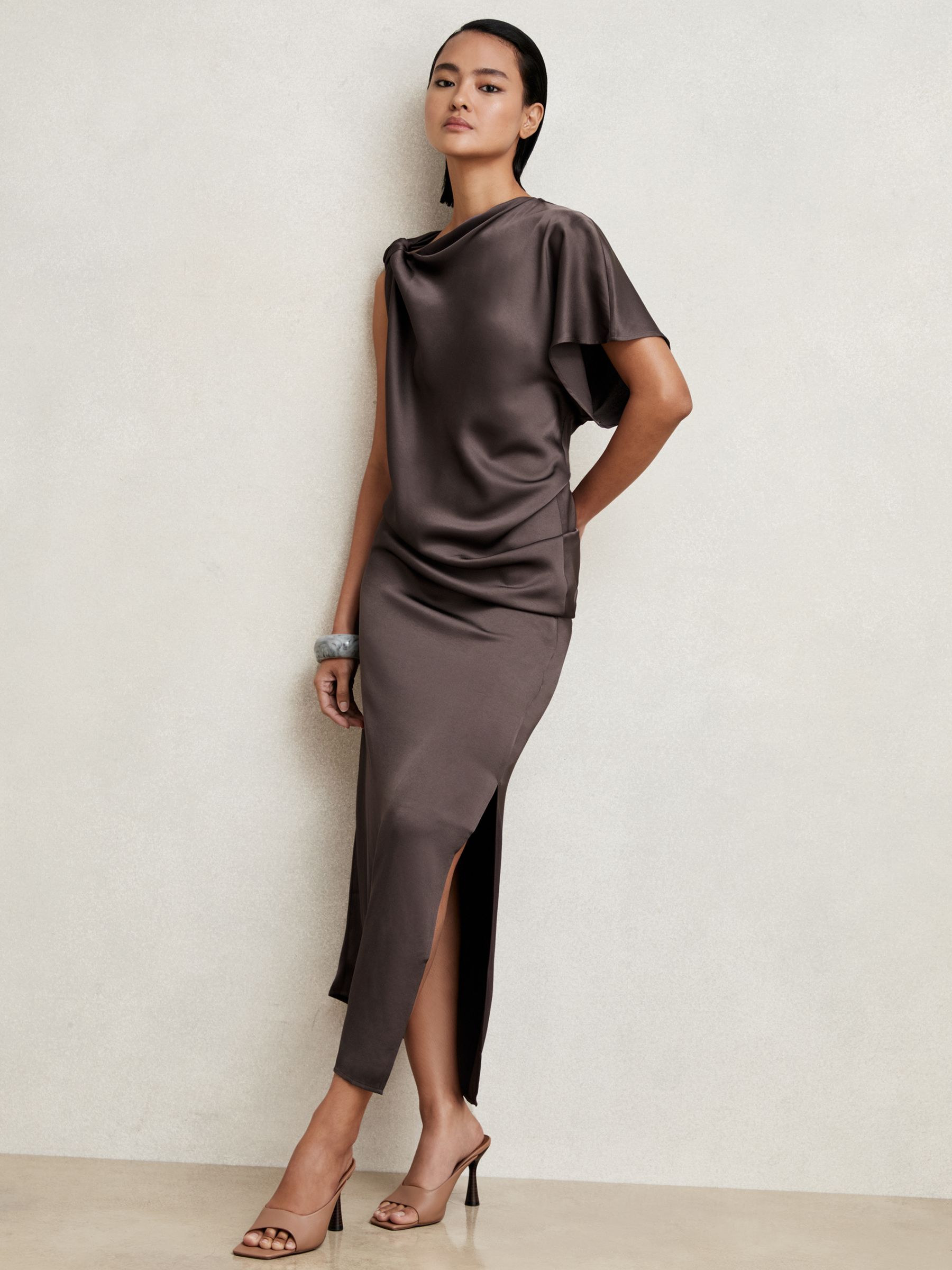 Reiss Satin Asymmetric Draped Midi Dress in Mauve - REISS