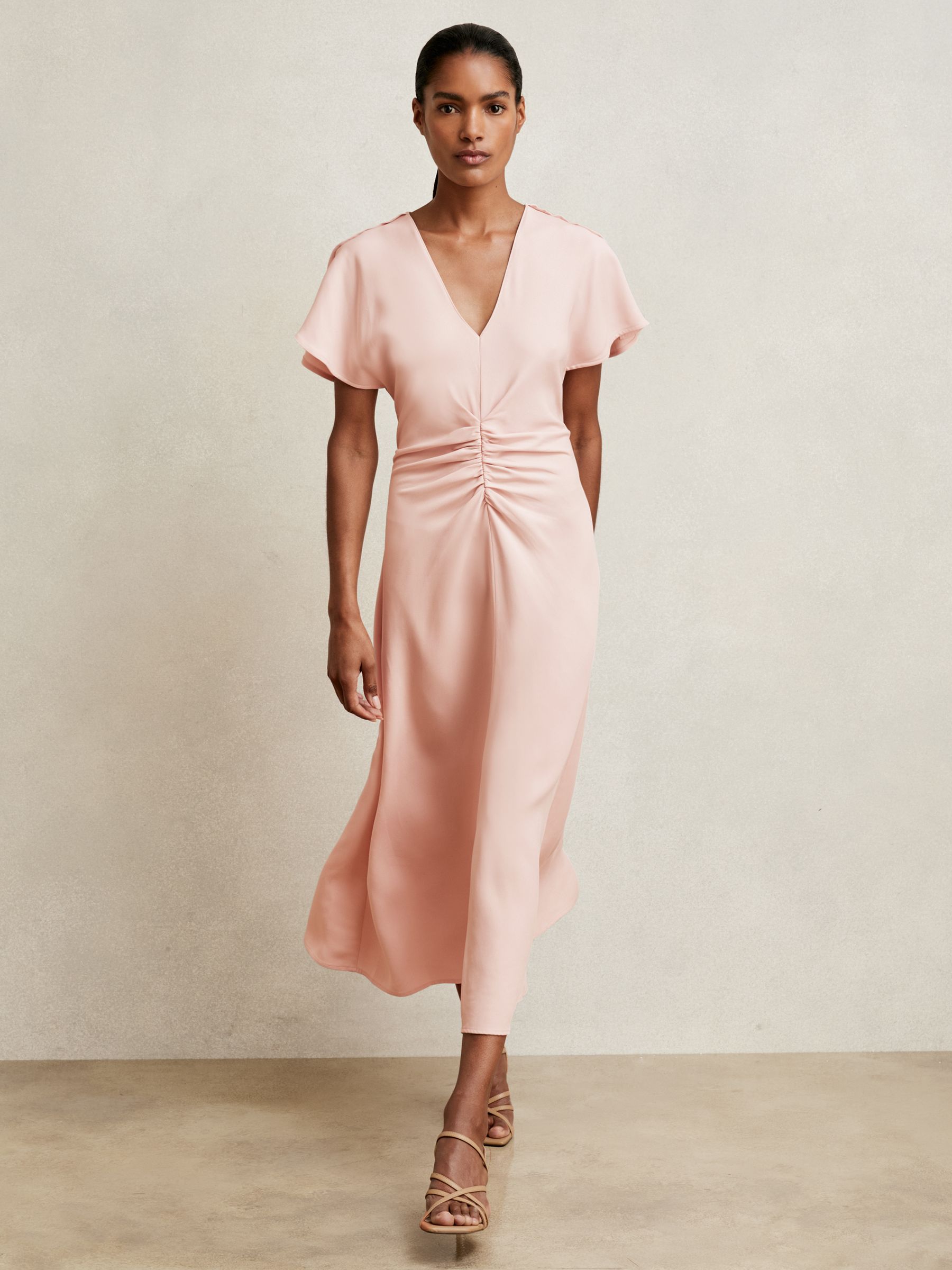 Reiss Ruched-Front Midi Dress in Pale Pink - REISS