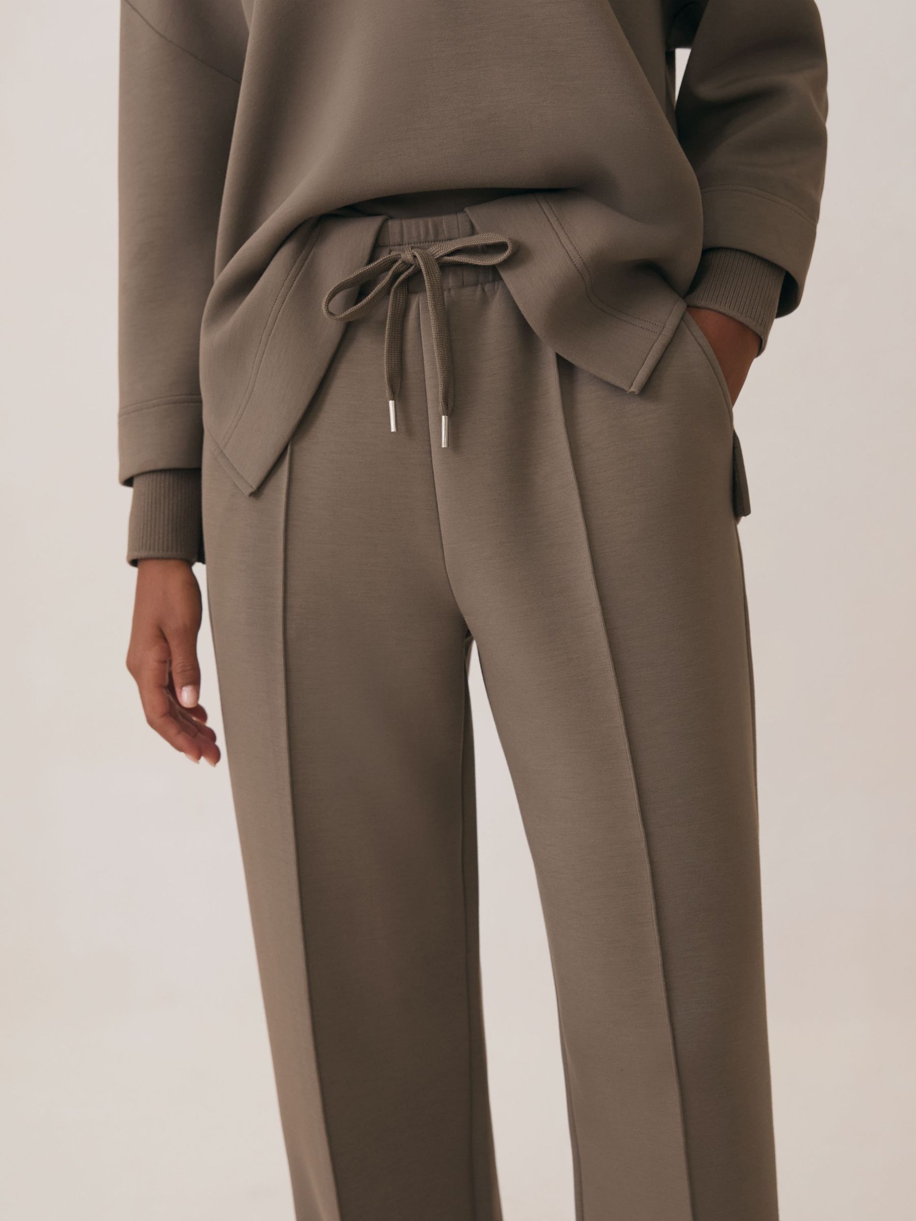 Reiss Premium Interlock Wide-Leg Joggers in Khaki Green | REISS