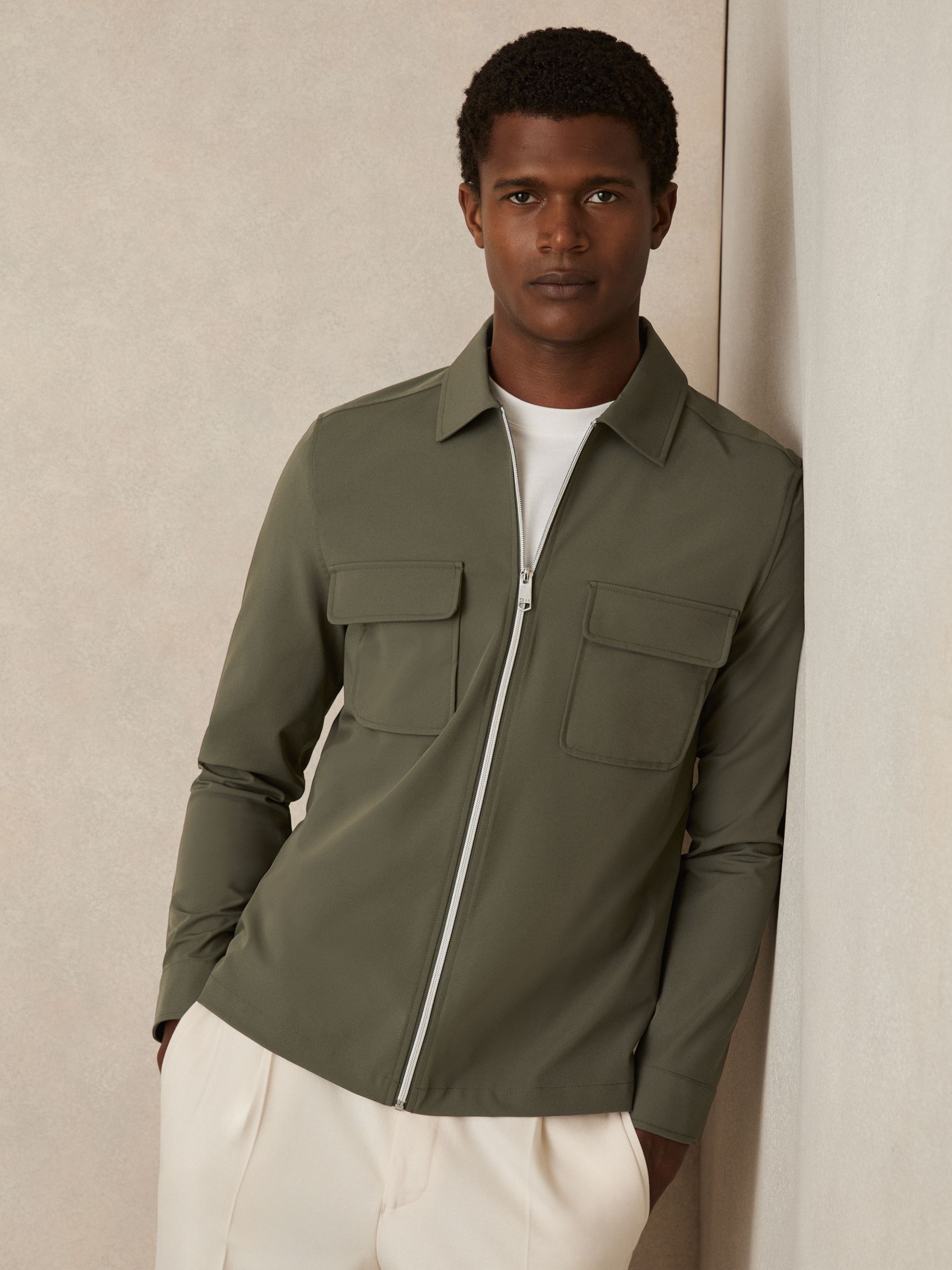 Reiss Technical Zip-Through Overshirt in Green - REISS
