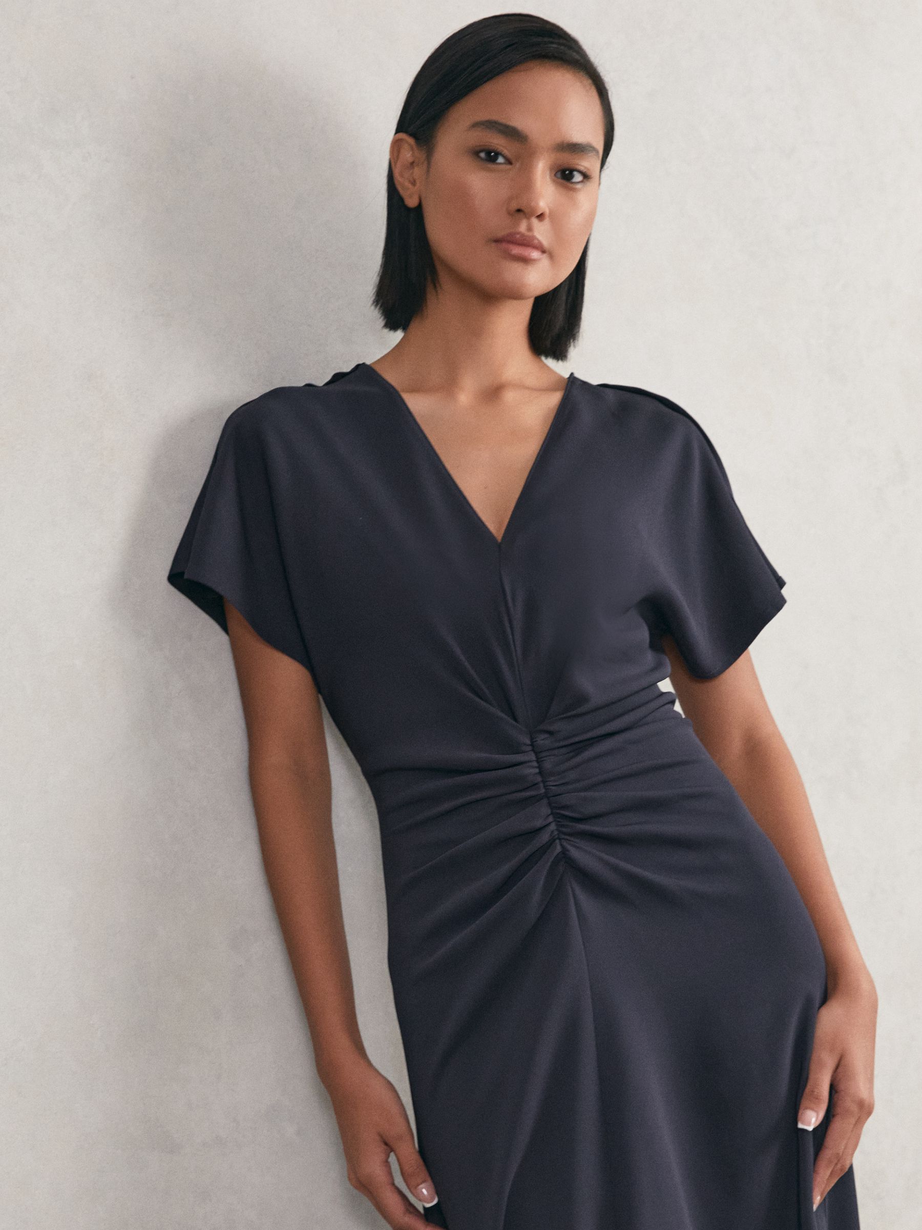 Reiss Petite Ruched-Front Midi Dress in Navy - REISS