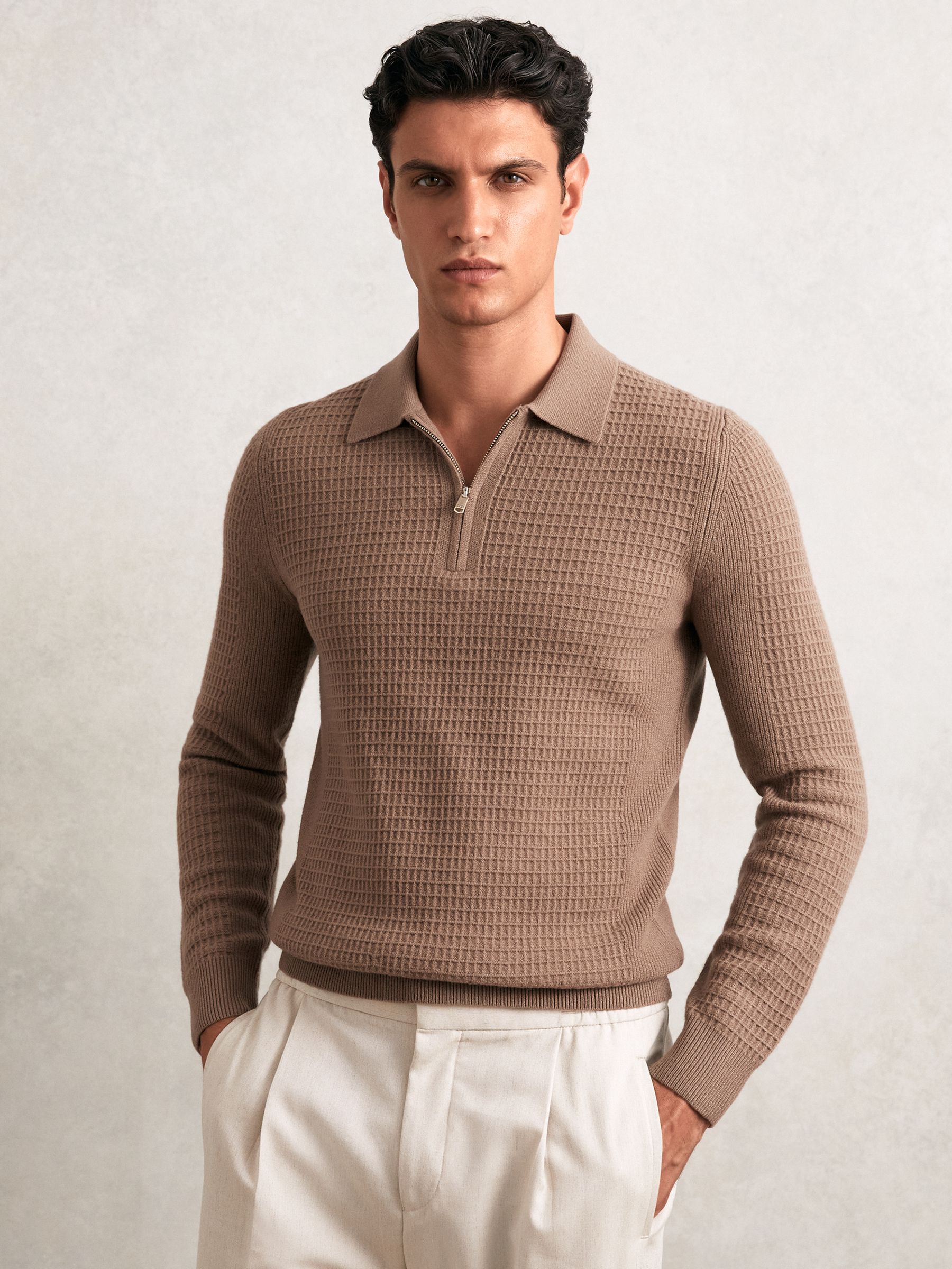 Reiss Wool Waffle-Knit Half-Zip Polo Shirt in Camel Brown - REISS