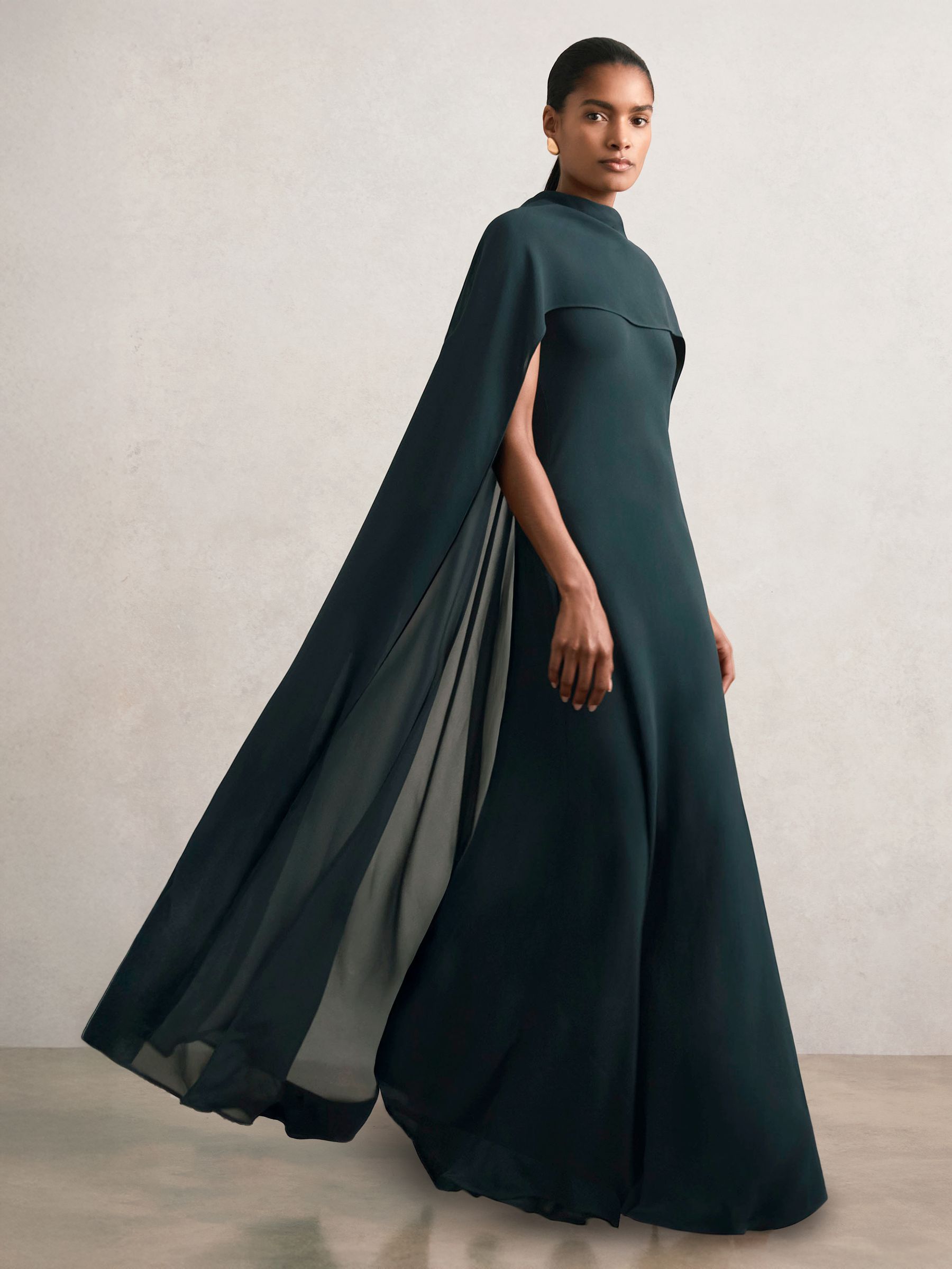 Reiss Petite Crepe Cape Maxi Dress in Teal Green | REISS