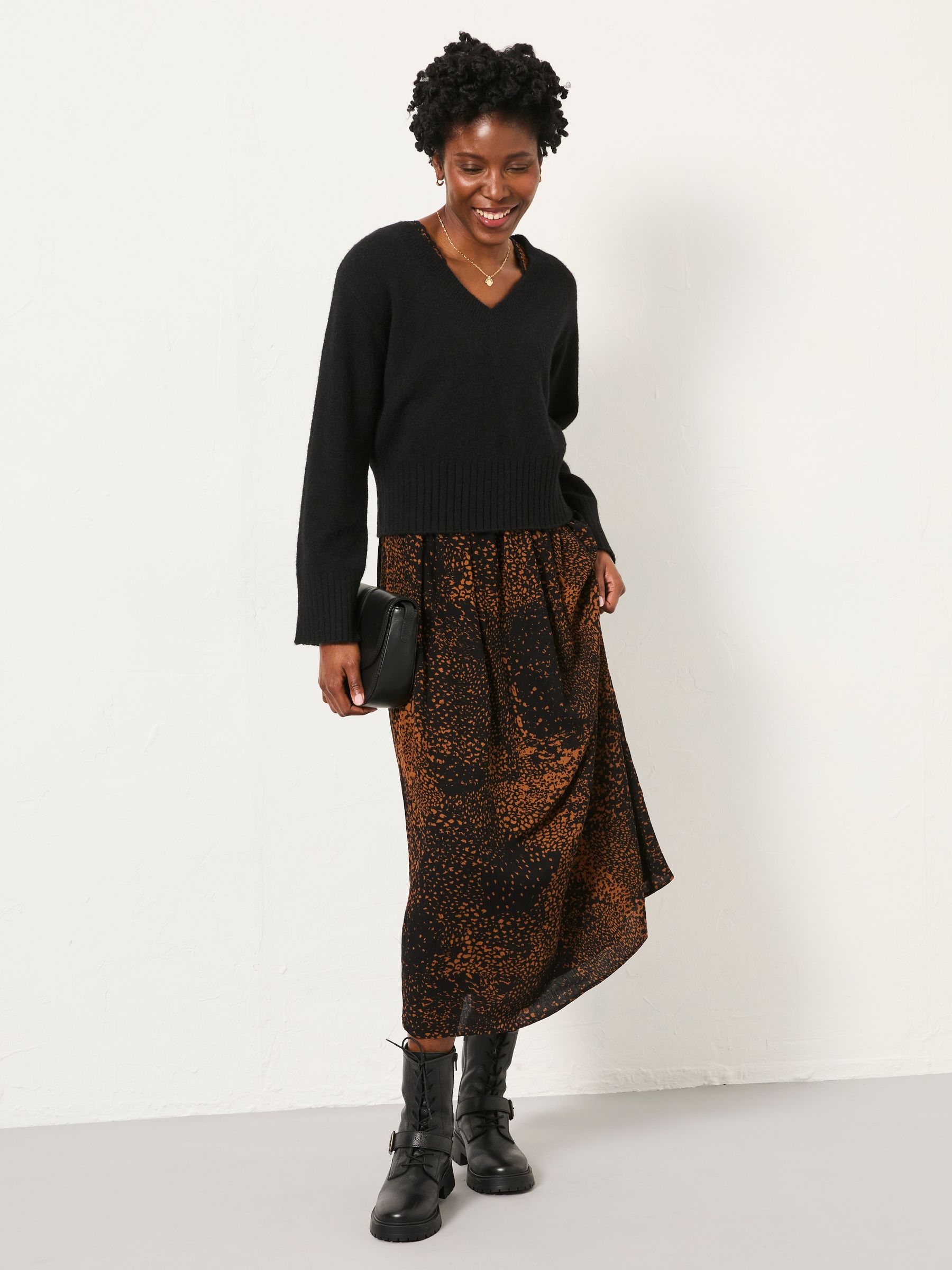 Aileen Black Layered Animal Petite 2 in 1 Midi Dress | FatFace