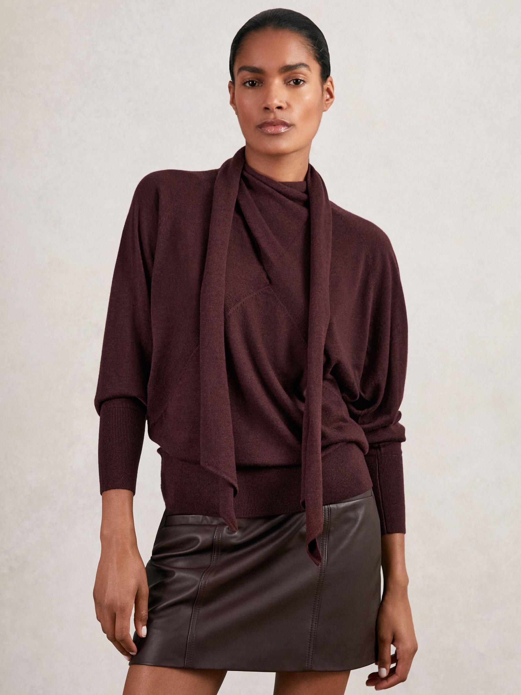 Reiss Wool Scarf-Tie Draped Jumper in Burgundy | REISS