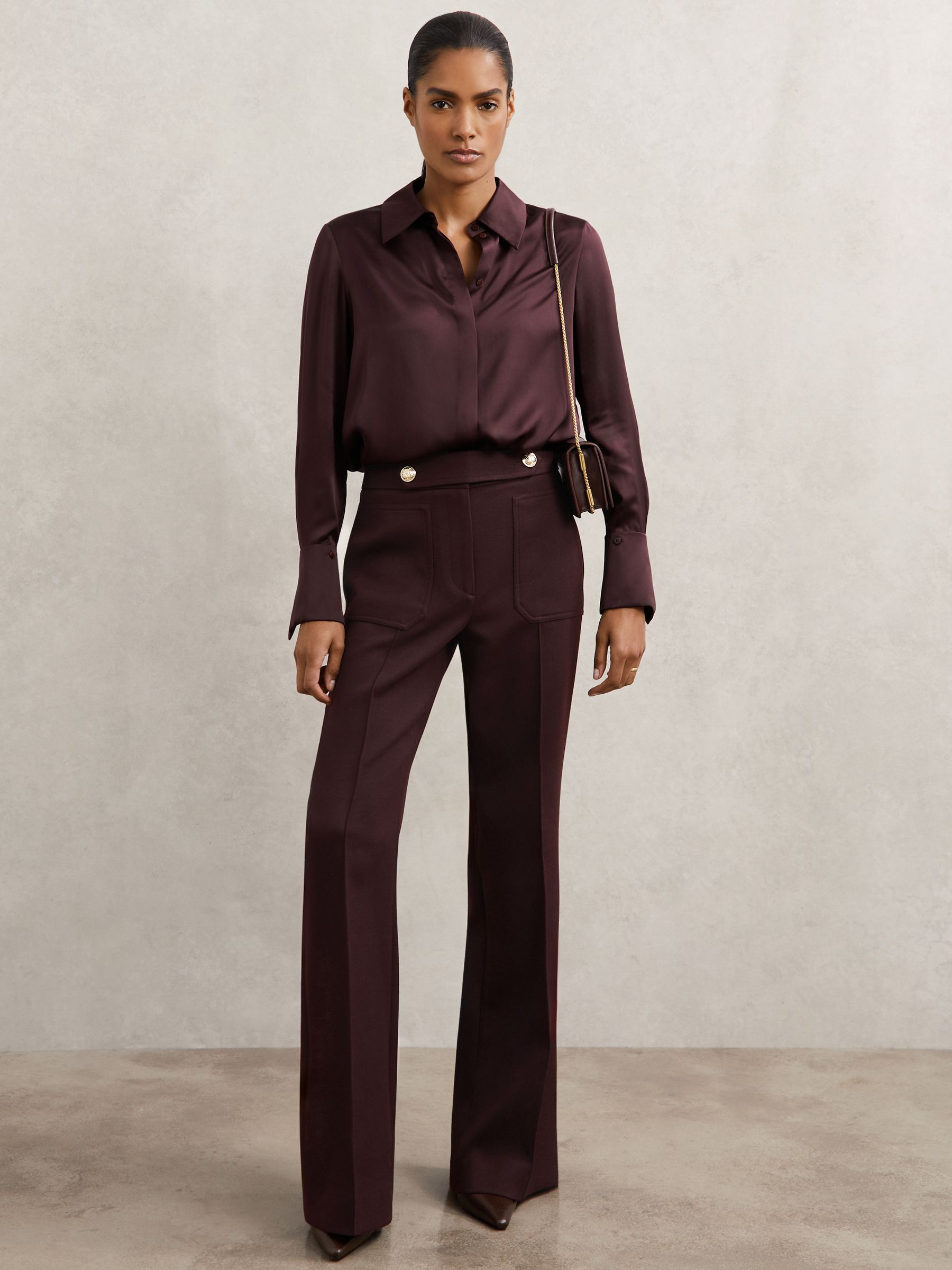 Reiss Petite Twill Button-Tab Flared Trousers With Wool in Burgundy | REISS