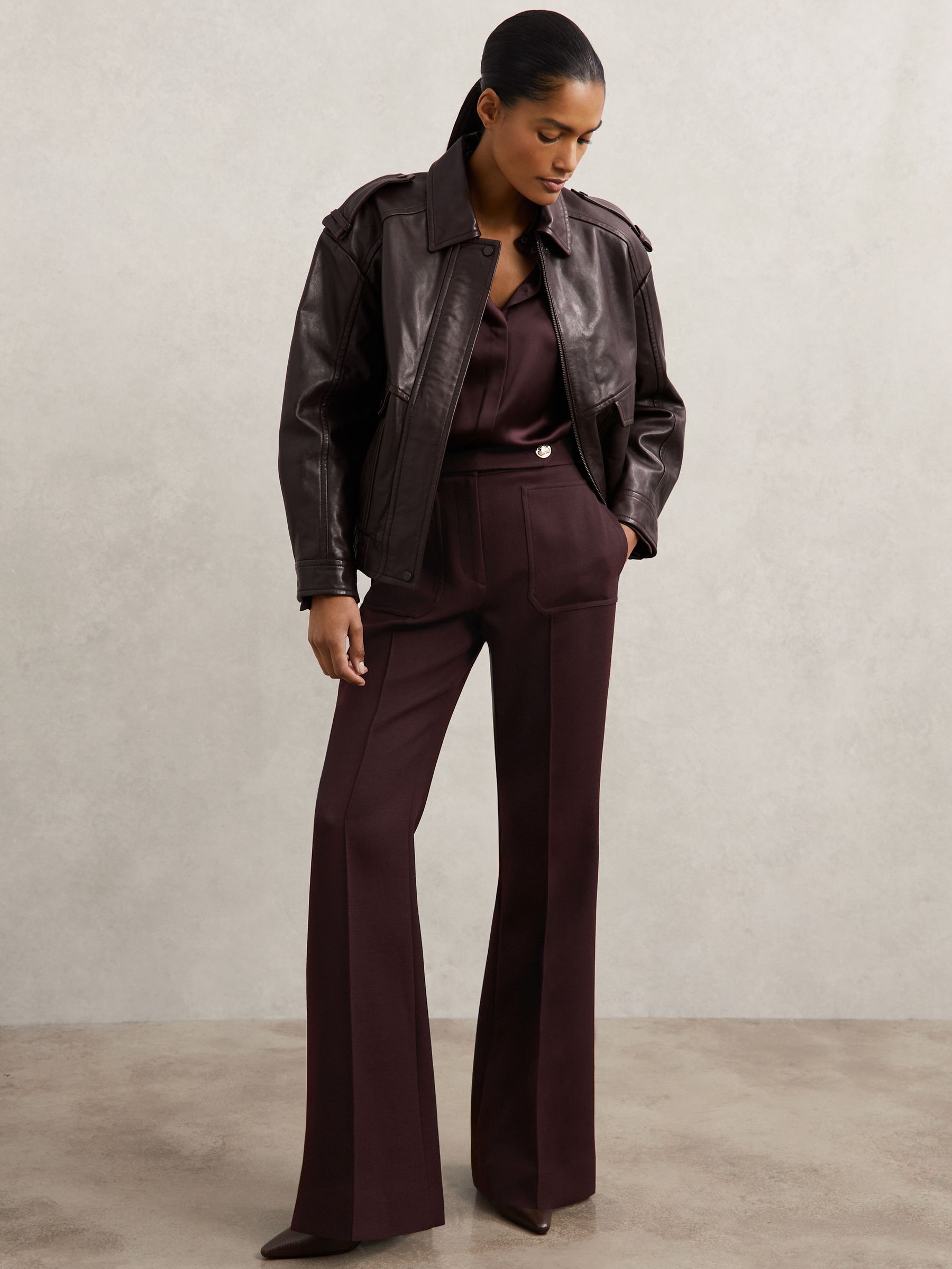 Reiss Petite Twill Button-Tab Flared Trousers With Wool in Burgundy | REISS