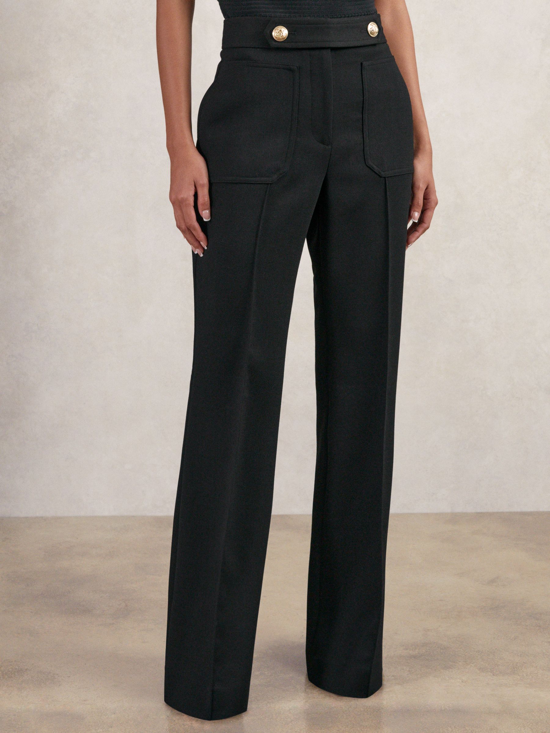 Reiss Petite Twill Button-Tab Flared Trousers With Wool in Black | REISS