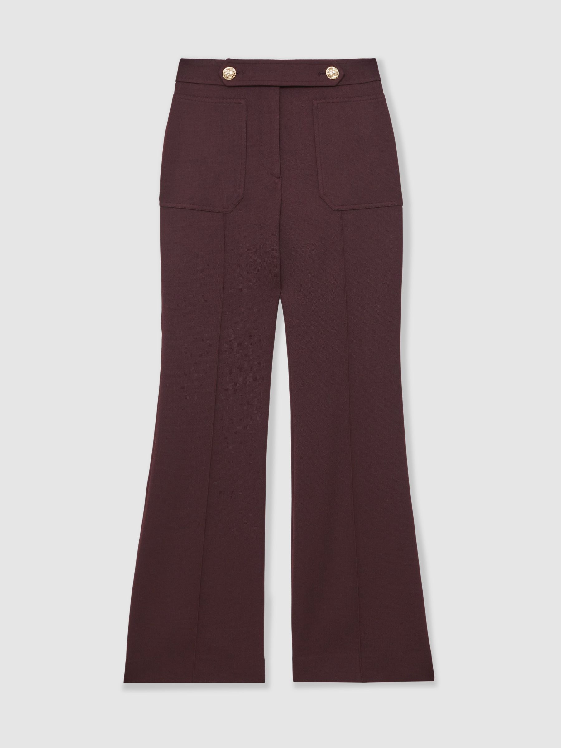 Reiss Twill Button-Tab Flared Trousers With Wool in Burgundy | REISS