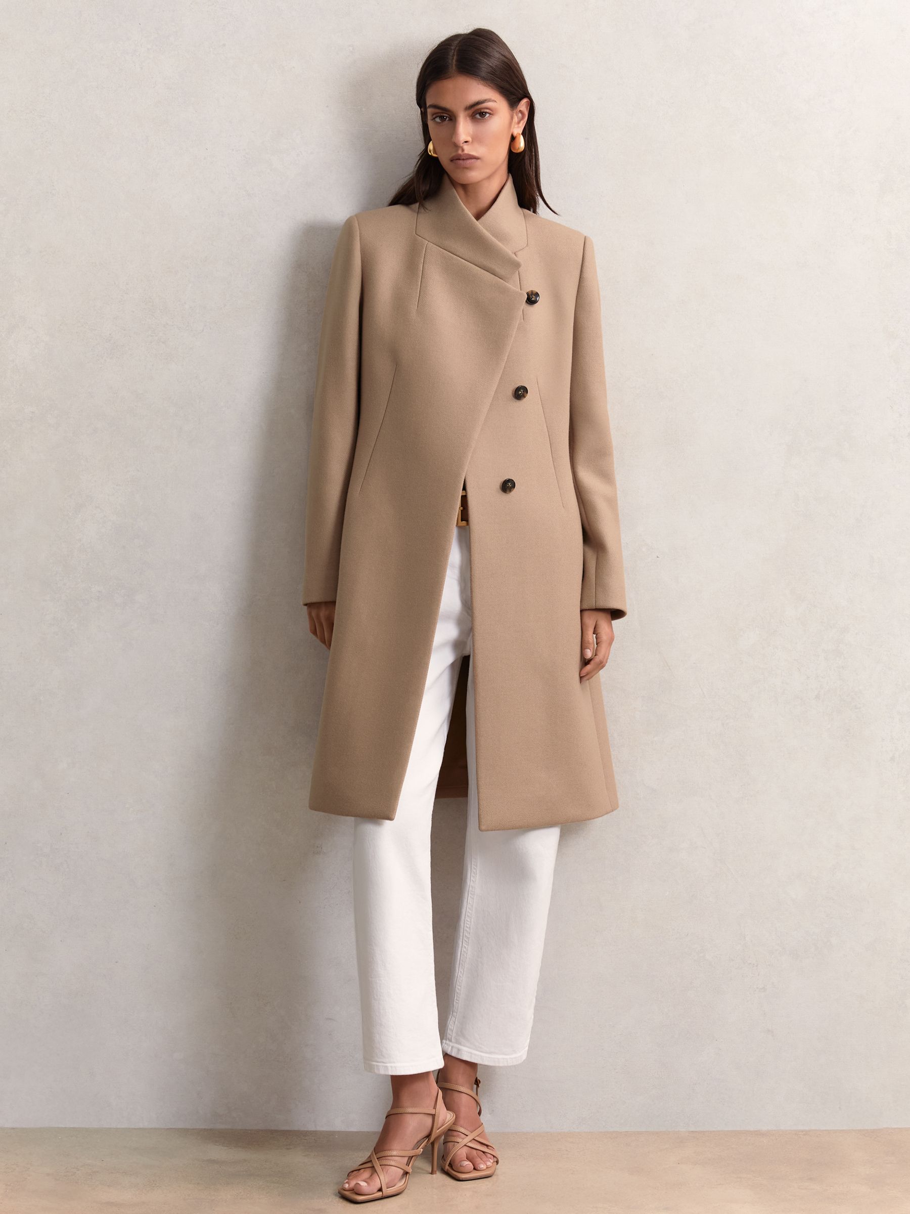 Reiss Petite Wool-Blend Wrapover Mid-Length Coat in Camel | REISS