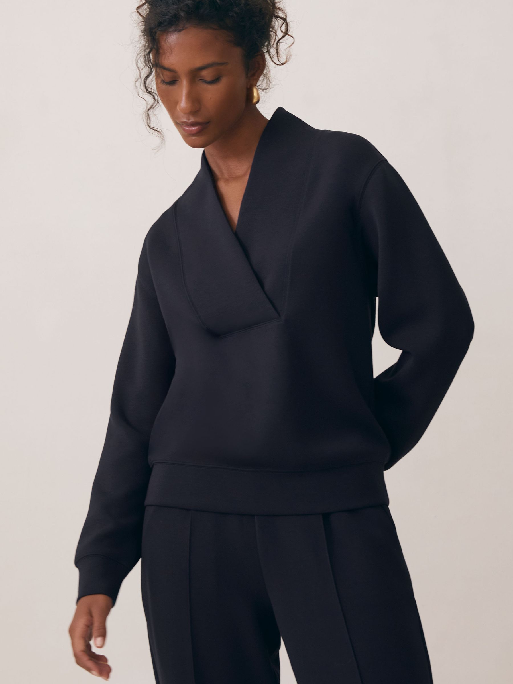 Reiss Premium Interlock Shawl-Neck Sweatshirt with Modal in Navy - REISS