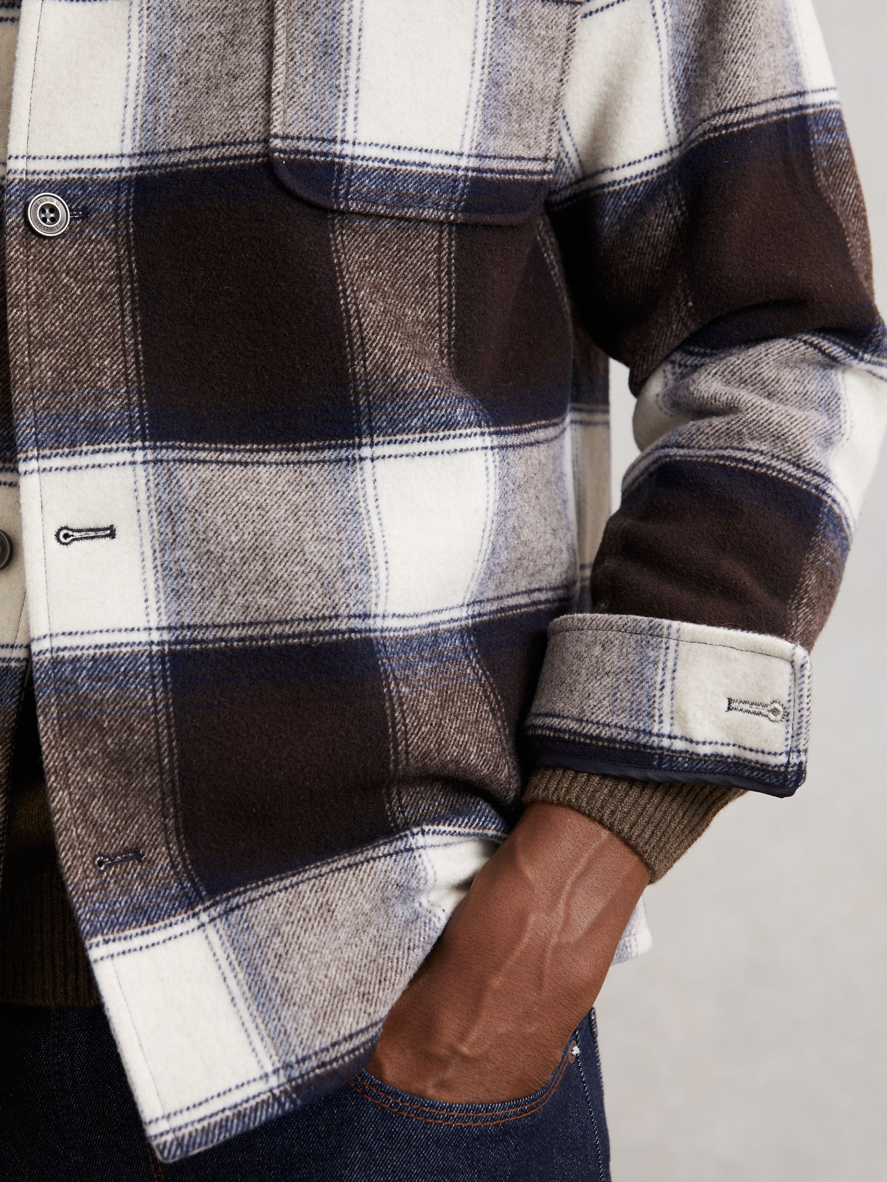 Reiss Wool-Blend Check Overshirt in Navy Multi | REISS