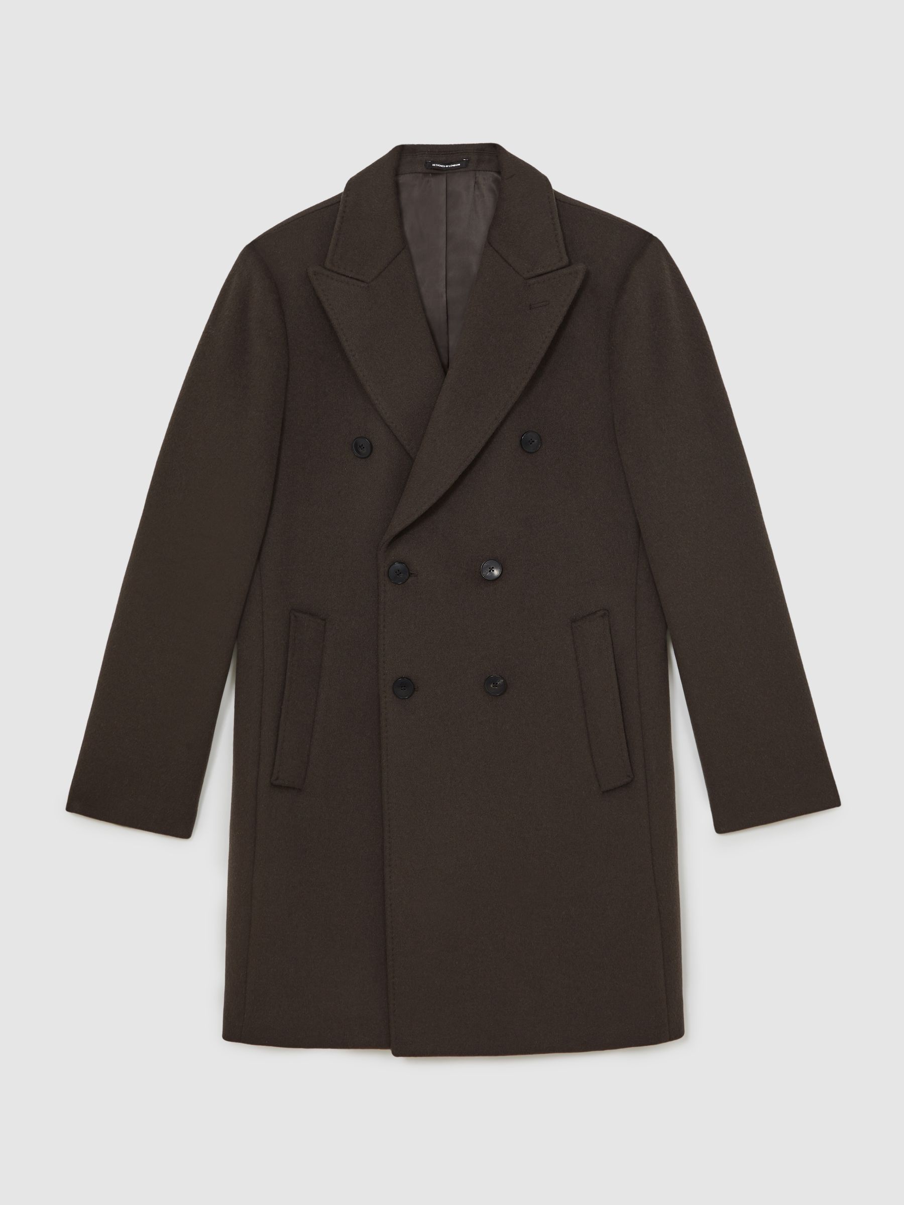 Reiss Wool-Blend Double-Breasted Overcoat in Dark Khaki Green | REISS