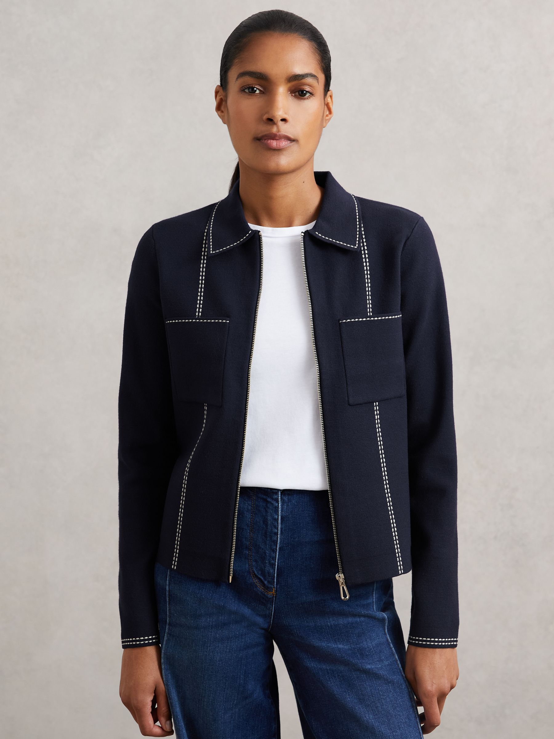Reiss Stitch-Detail Zip-Through Cardigan in Navy - REISS