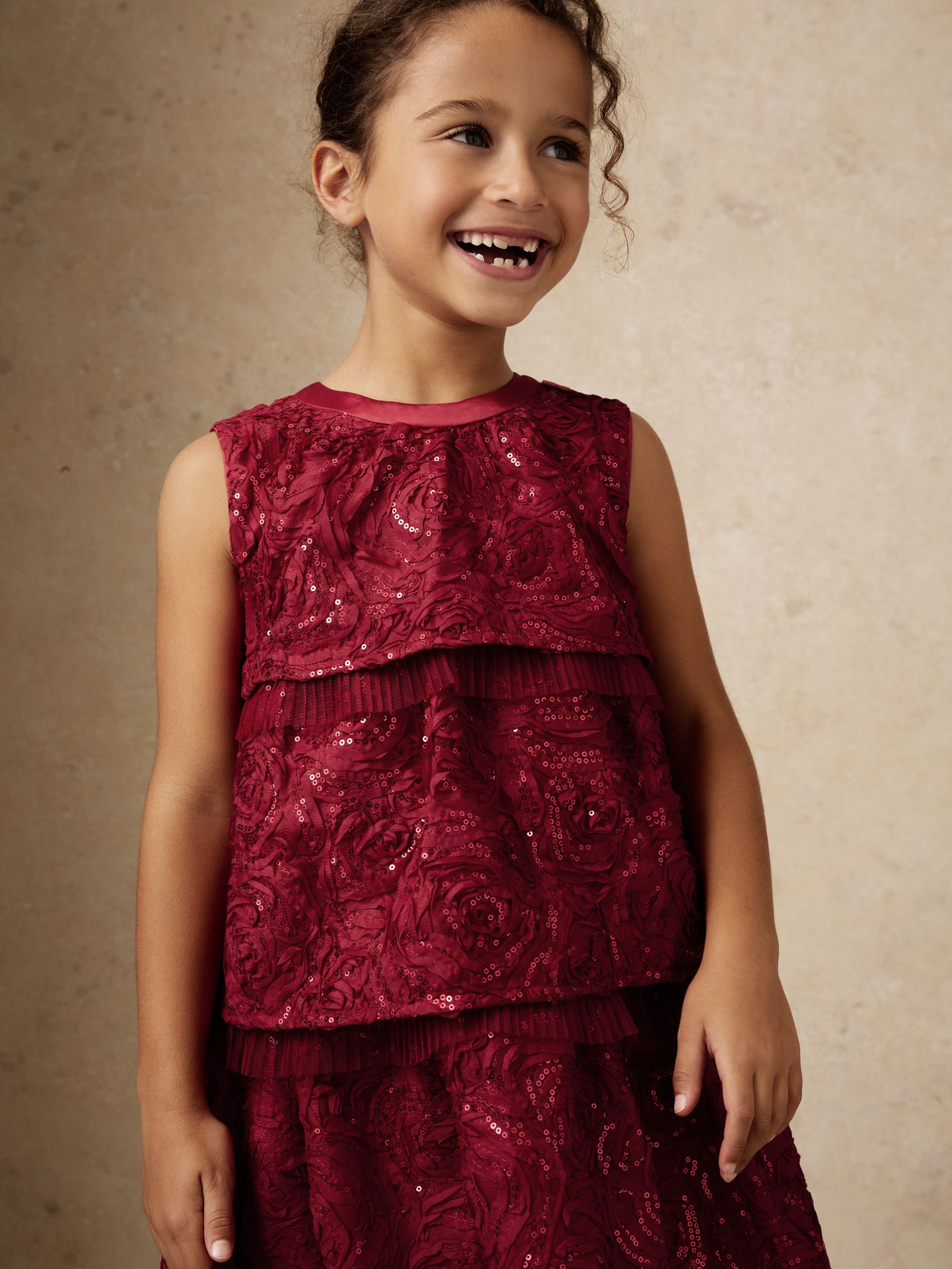 Reiss 13-14 yrs Sequin-Embellished Tiered Dress in Red - REISS