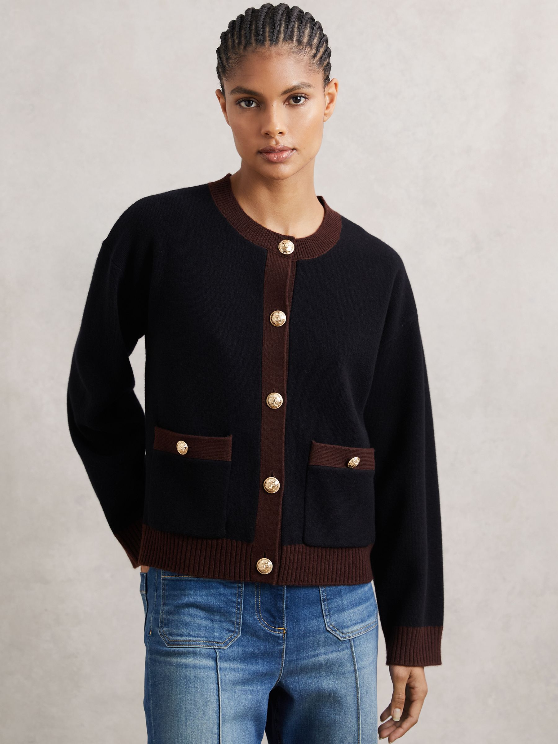 Reiss Wool-Cashmere Crew-Neck Cardigan in Burgundy/Black | REISS