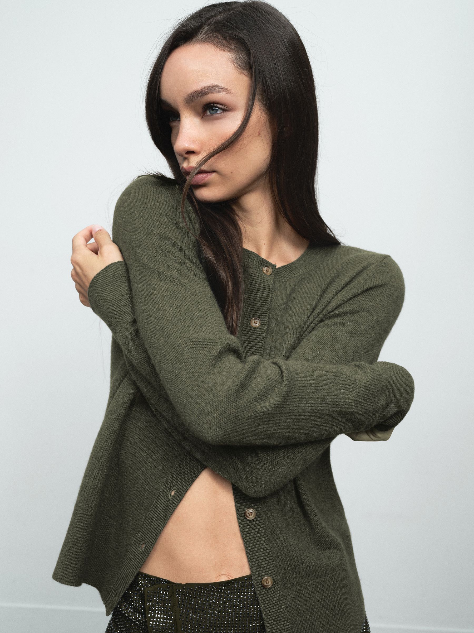 Reiss Wool-Blend Crew-Neck Cardigan With Cashmere in Green | REISS